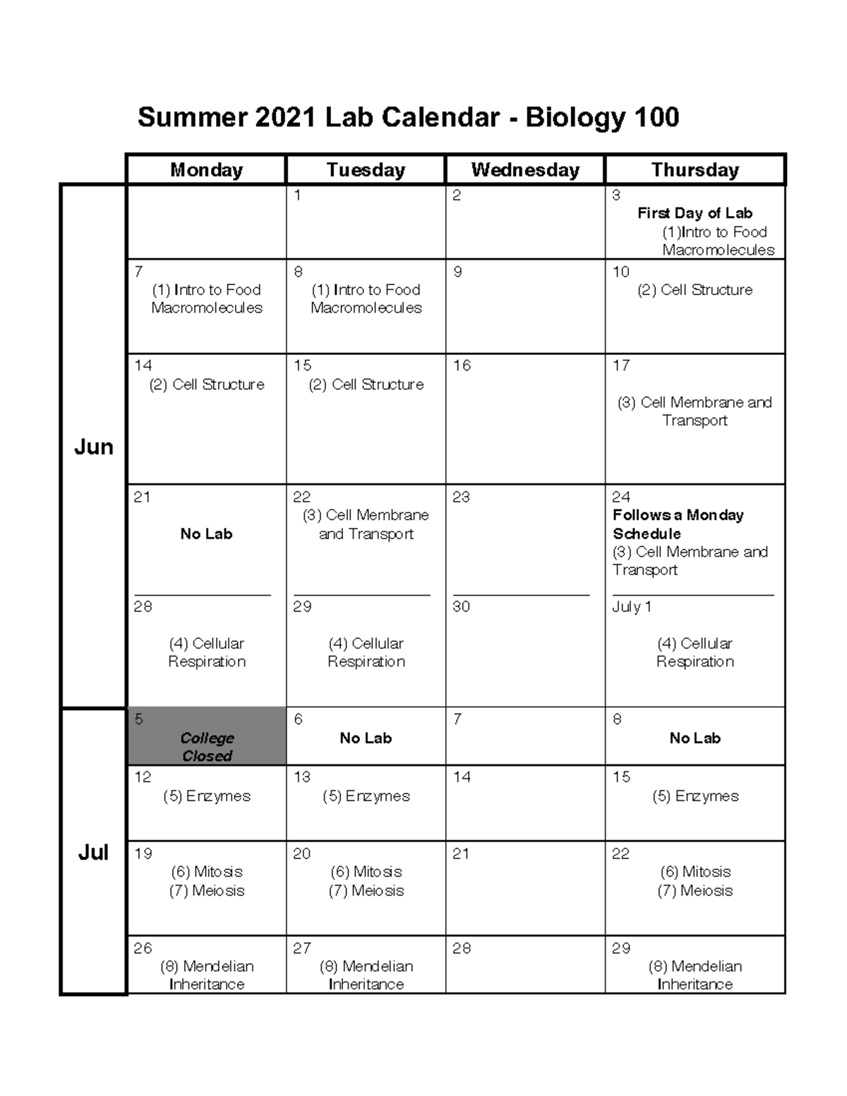 Summer 2021Lab Calendar - Summer 2021 Lab Calendar - Biology 100 Monday ...