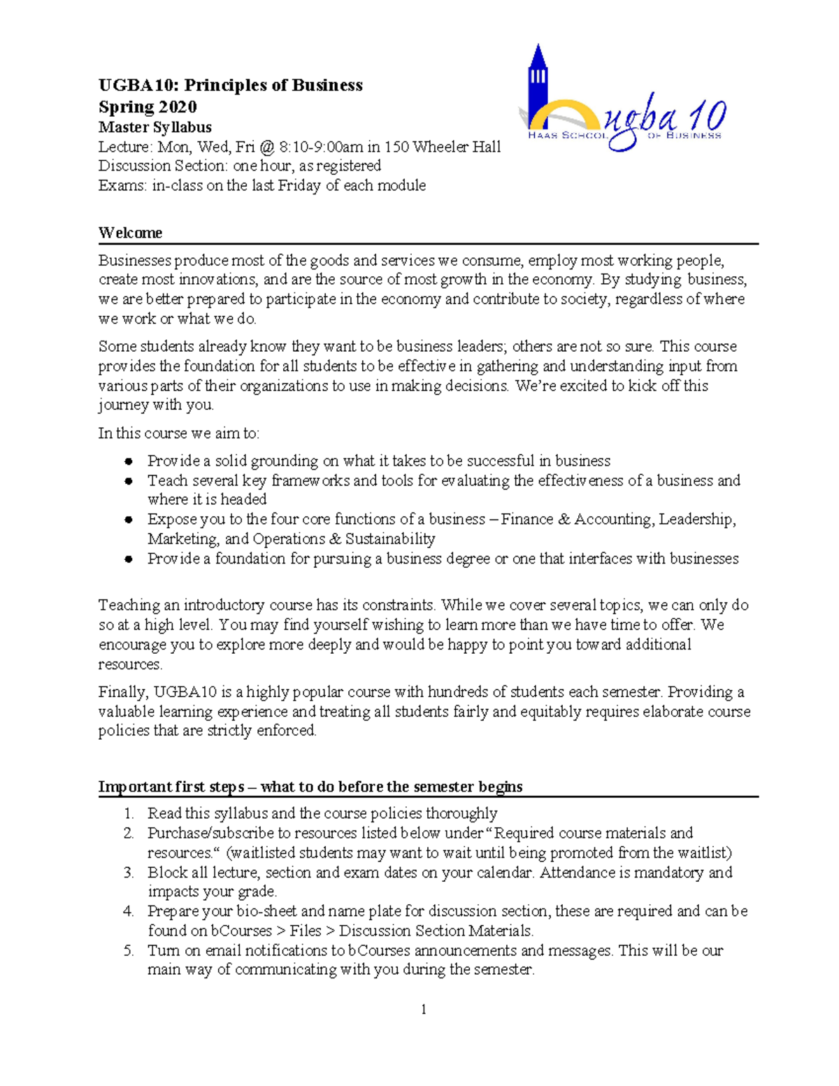 UC Berkeley Principles of Business Syllabus - UGBA10: Principles of ...