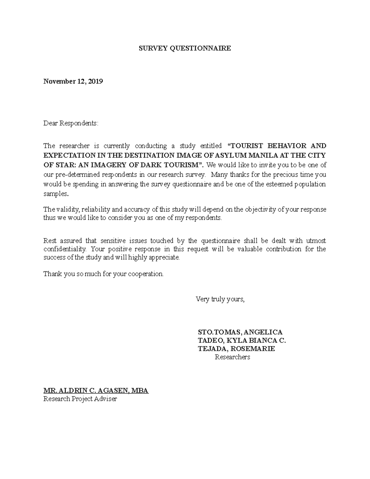 Tadeo Survey Q-Letter - SURVEY QUESTIONNAIRE November 12, 2019 Dear ...