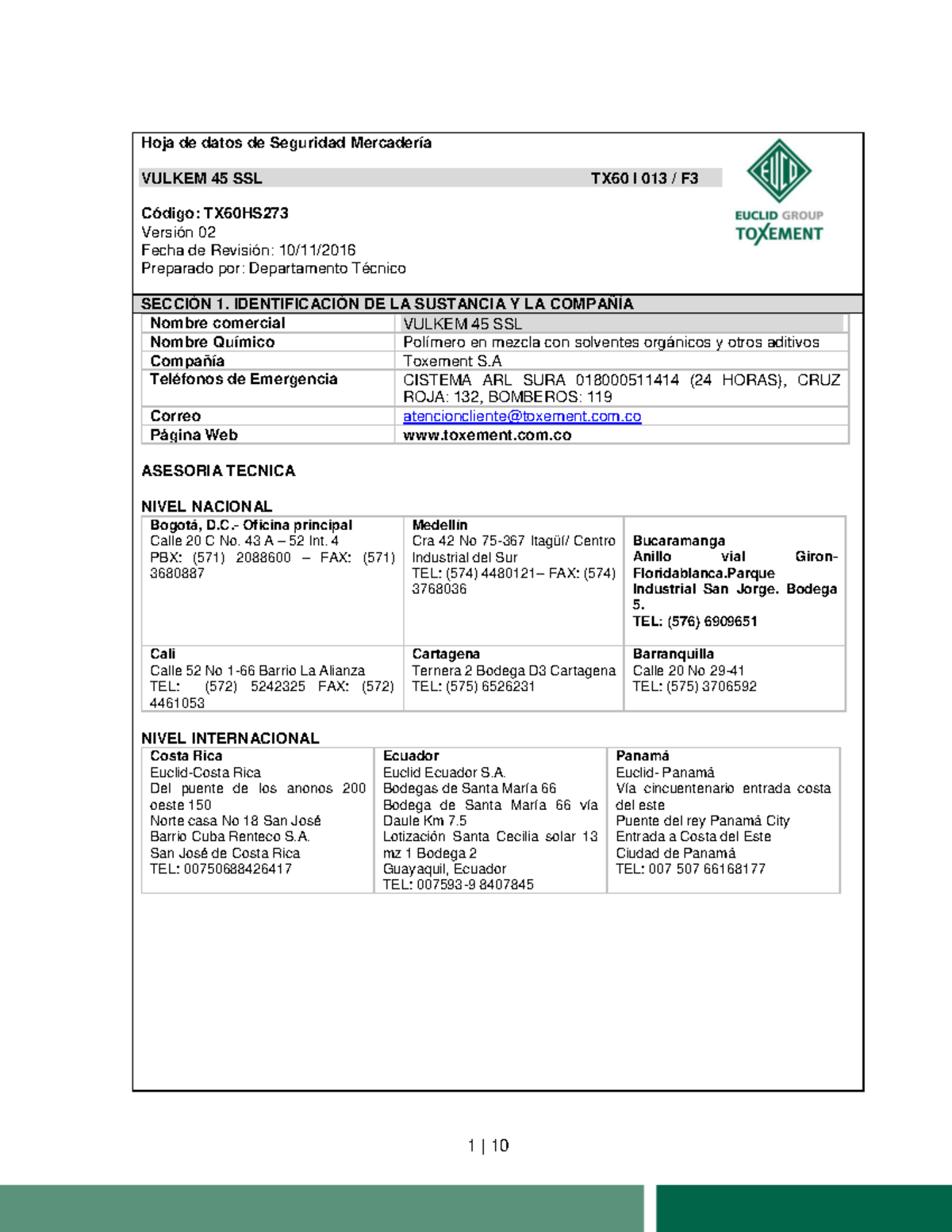 Vulkem 45 SSL FDS - VULKEM 45 SSL TX60 I 013 / F Código: TX60HS Versión ...