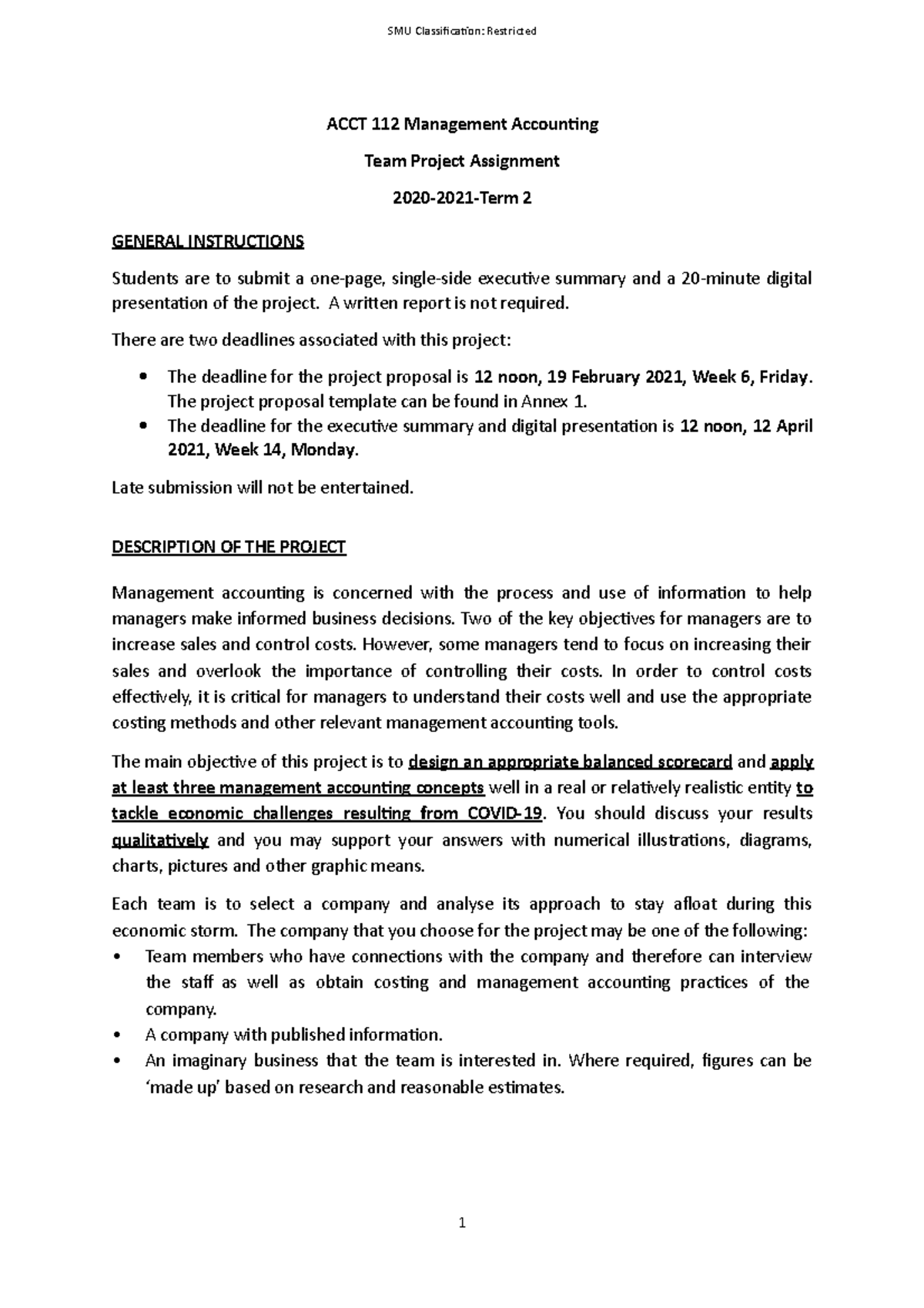 Management accounting Project requirements - ACCT 112 Management ...