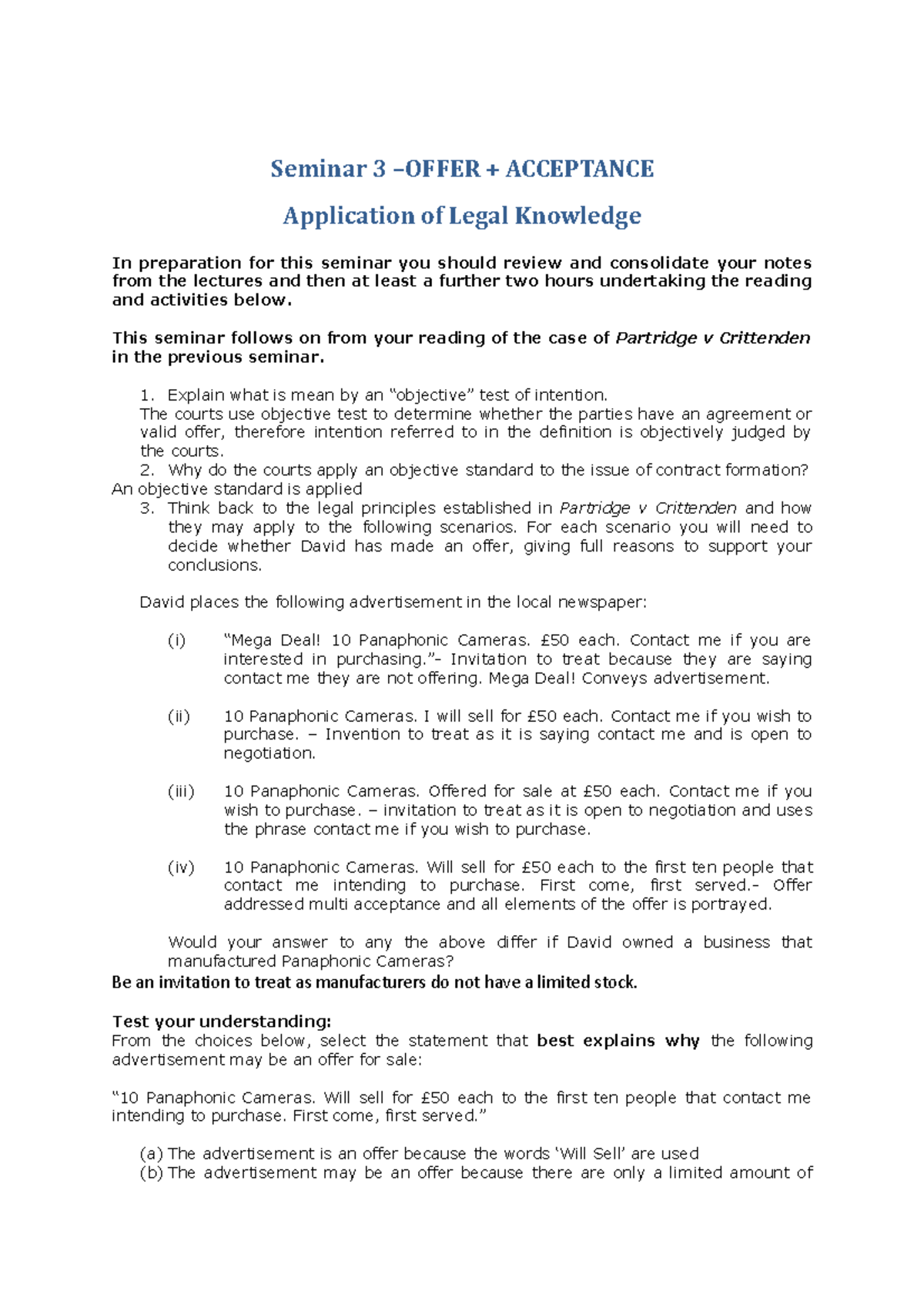Seminar 3 Application of Legal Knowledge - Seminar 3 –OFFER ...