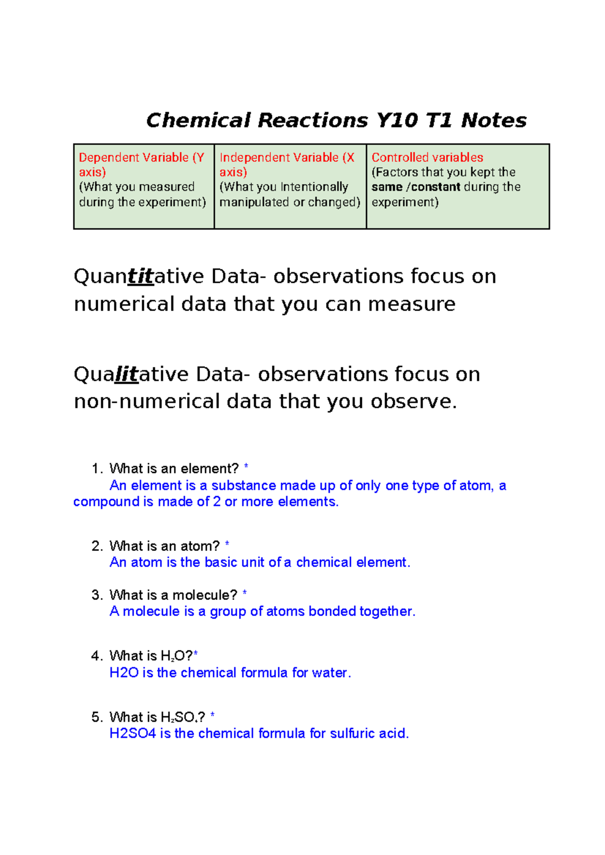 Chemical Reactions Y10 T1 Notes - Chemical Reactions Y10 T1 Notes ...