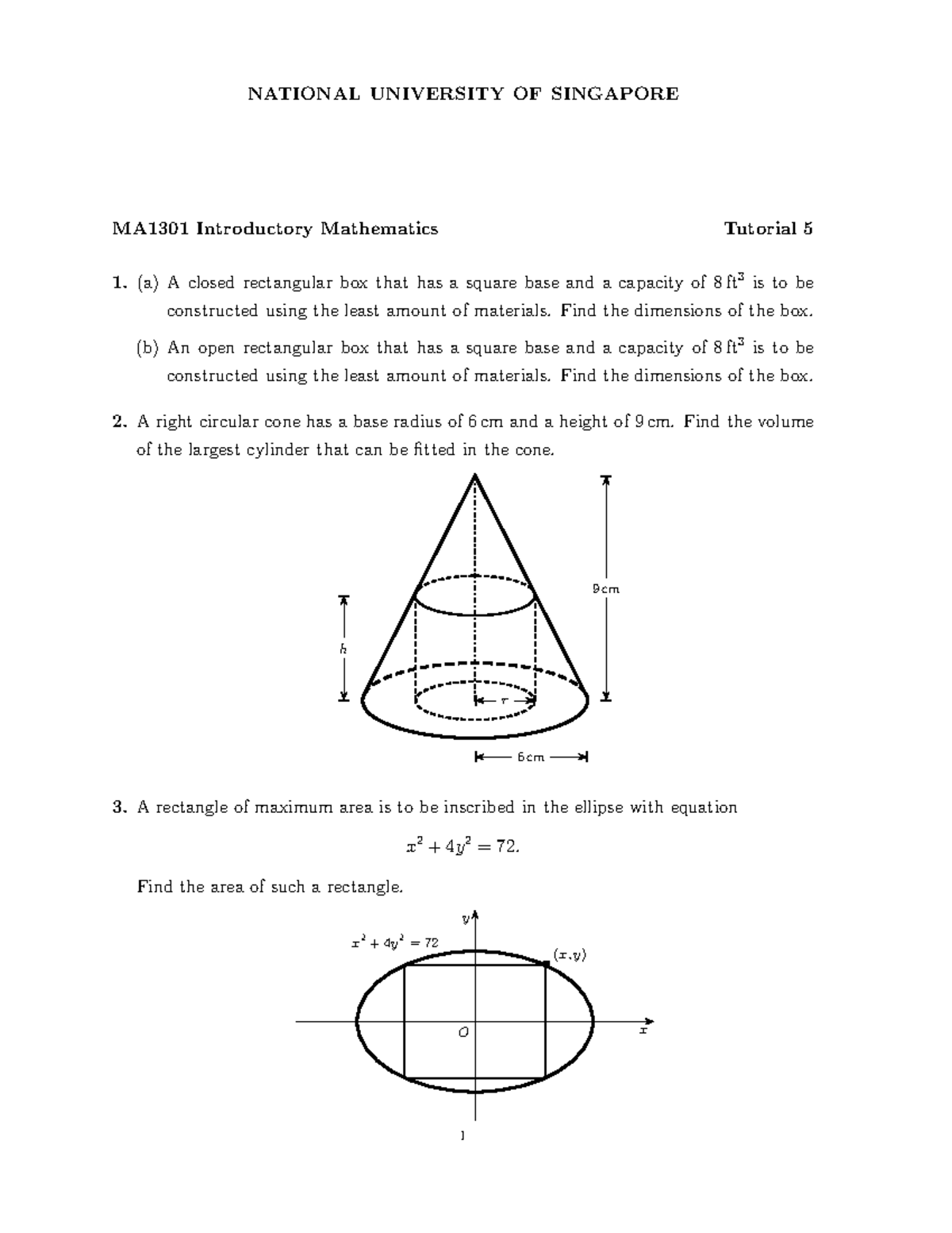 MA1301-Tutorial 5 - Tutorial Questions - NATIONAL UNIVERSITY OF SINGAPORE MA1301 Introductory ...