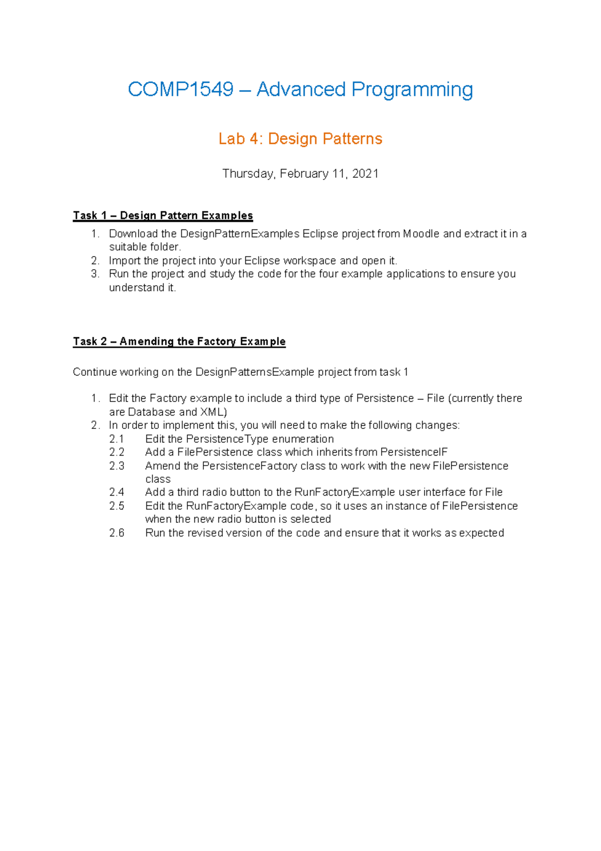 COM1549 Lab 4 - lab paper - COMP1 549 – Advanced Programming Lab 4: Design Patterns Thursday ...
