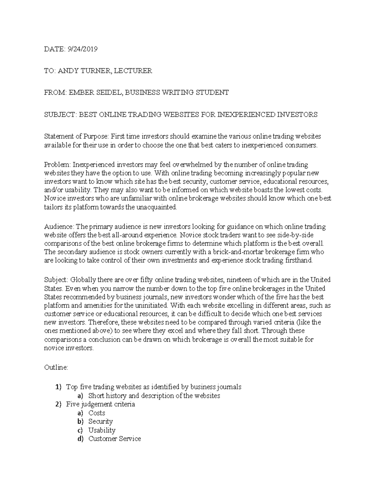 Report Proposal Sample - DATE: 9/24/ TO: ANDY TURNER, LECTURER FROM ...