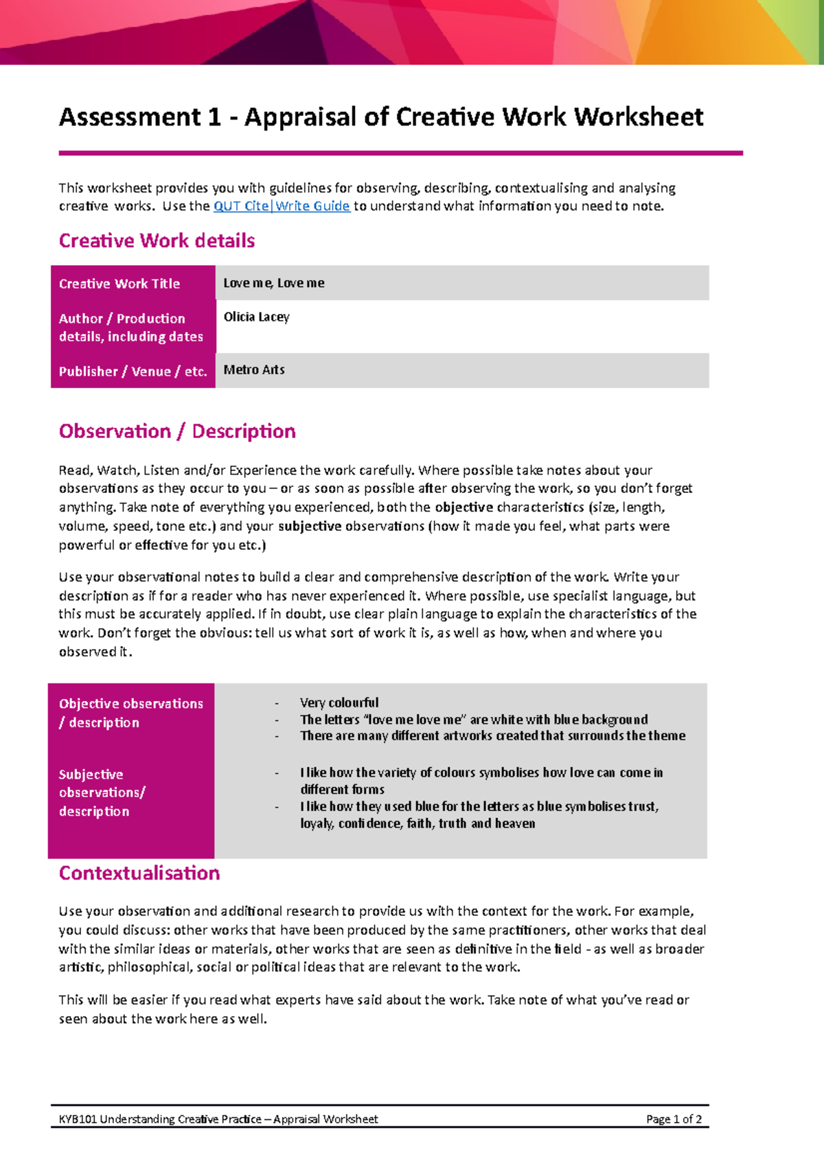 KYB101 Art worksheet - Assessment 1 - Appraisal of Creaive Work ...