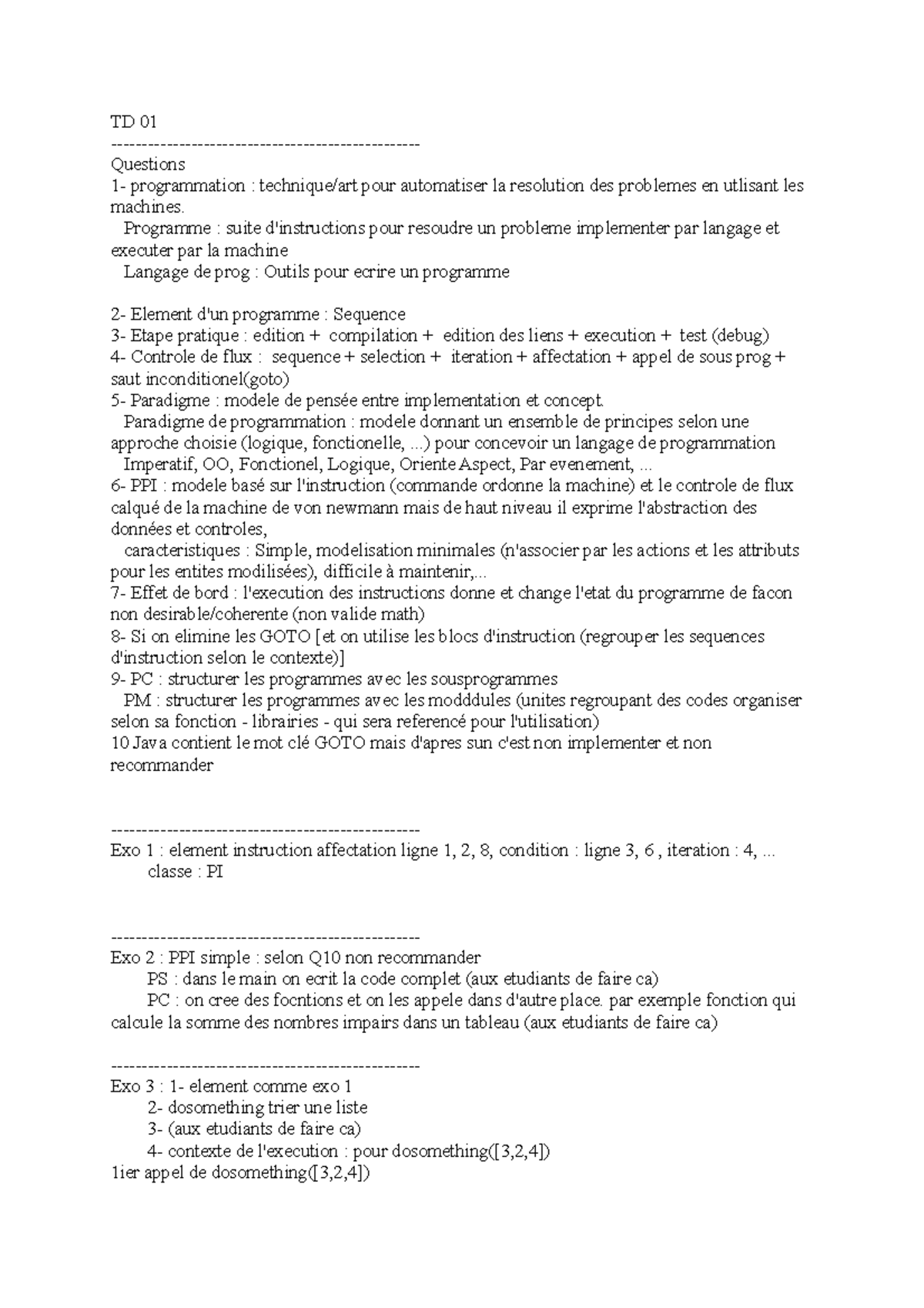 TD 01 - Notes de cours 1 - TD 01 - Questions 1- programmation ...
