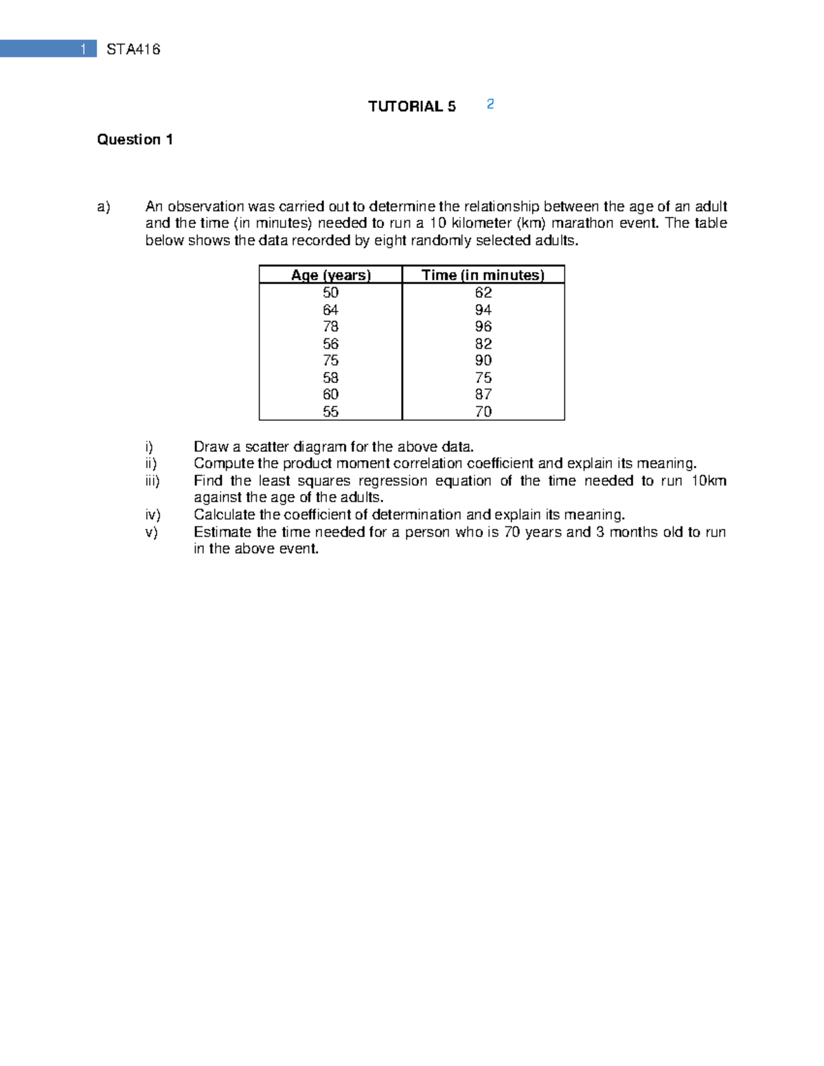 Tutorial 2 STA416 Correlation & Regression General Outline - 1 STA TUTORIAL 5 Question 1 a) An ...