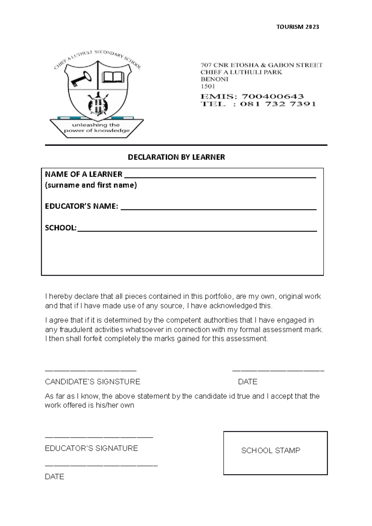 Cover PAGE FOR Learner FILE - TOURISM 2023 DECLARATION BY LEARNER NAME ...