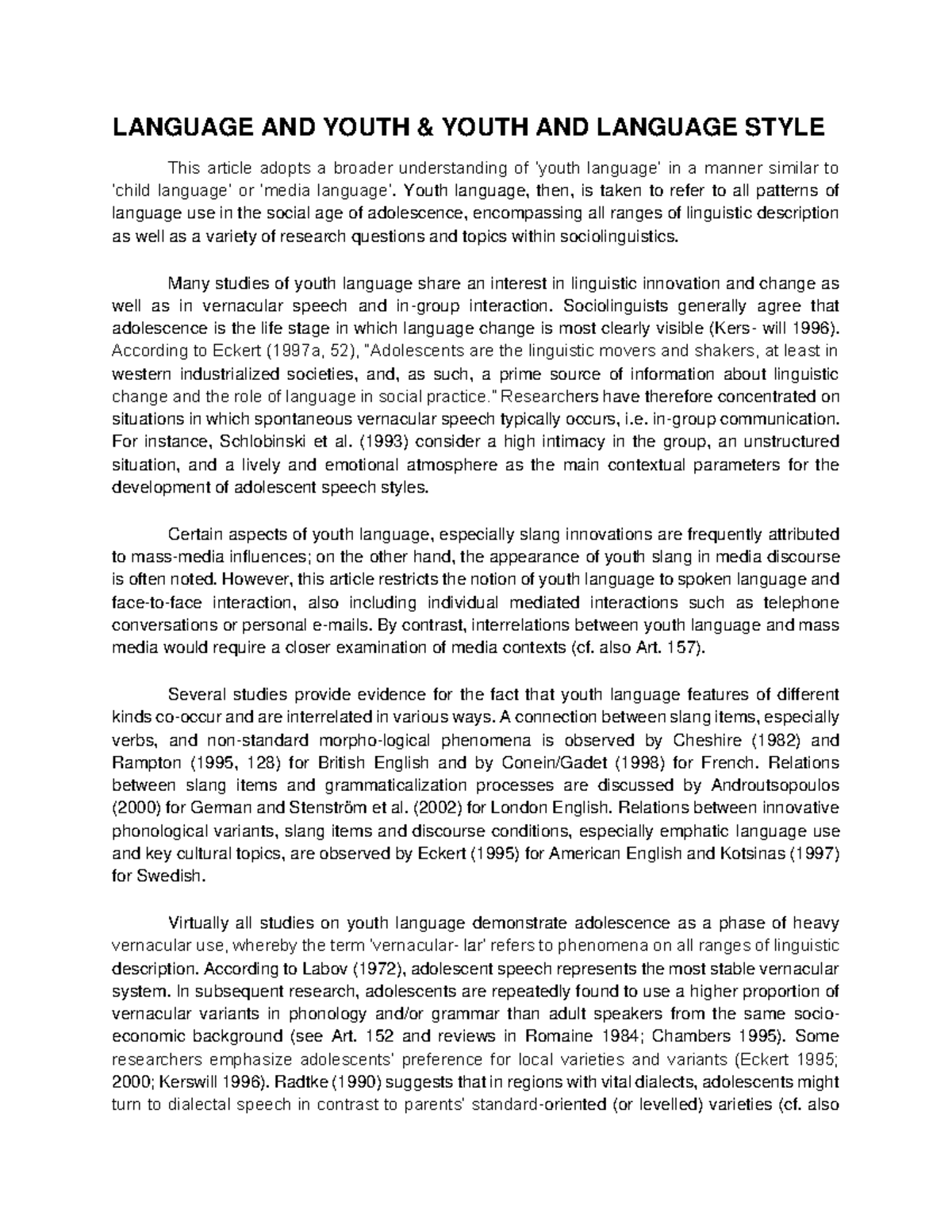 Language and Youth - LANGUAGE AND YOUTH & YOUTH AND LANGUAGE STYLE This ...