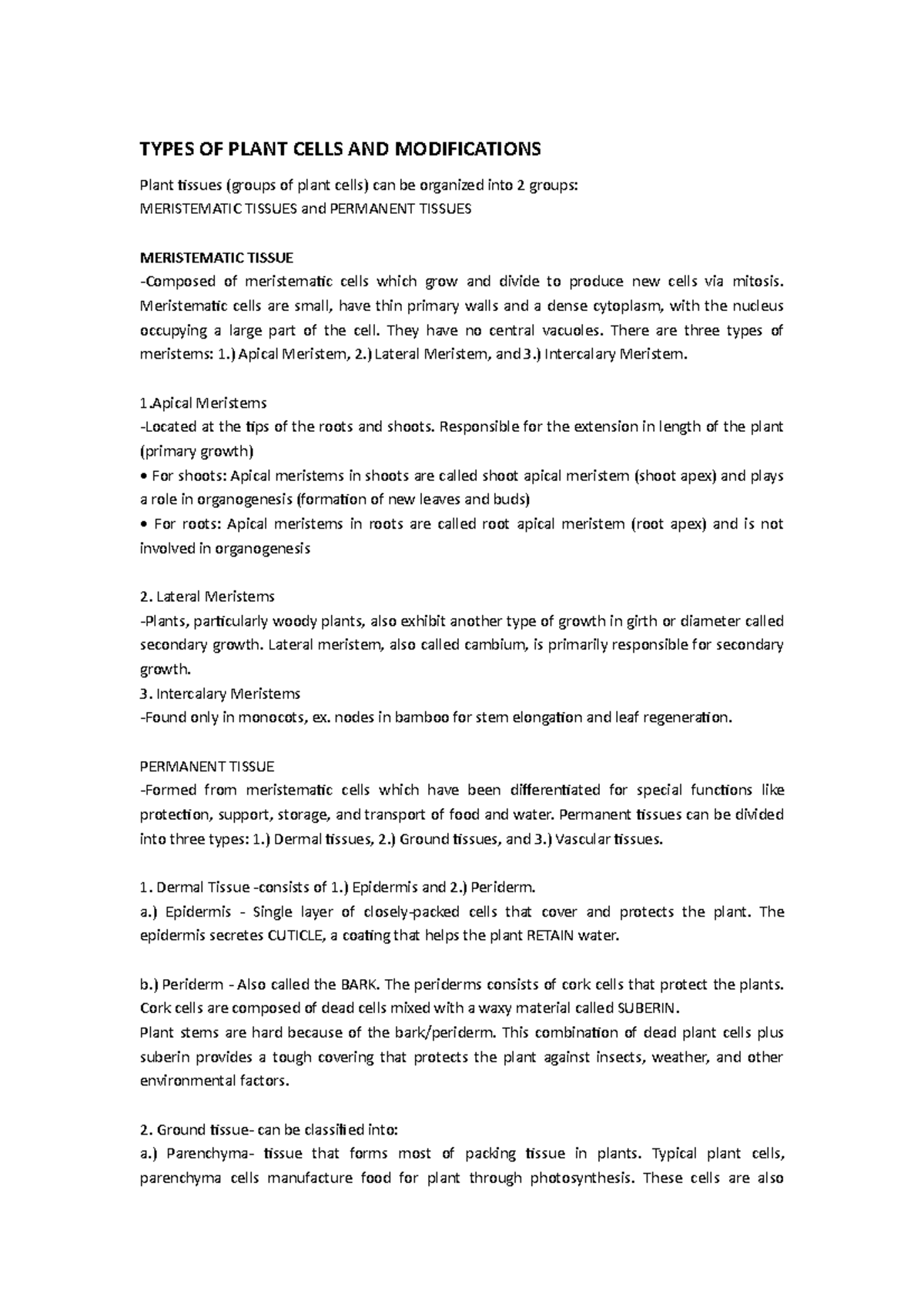 Notes 5 Types OF Plant Cells AND Modifications - TYPES OF PLANT CELLS ...