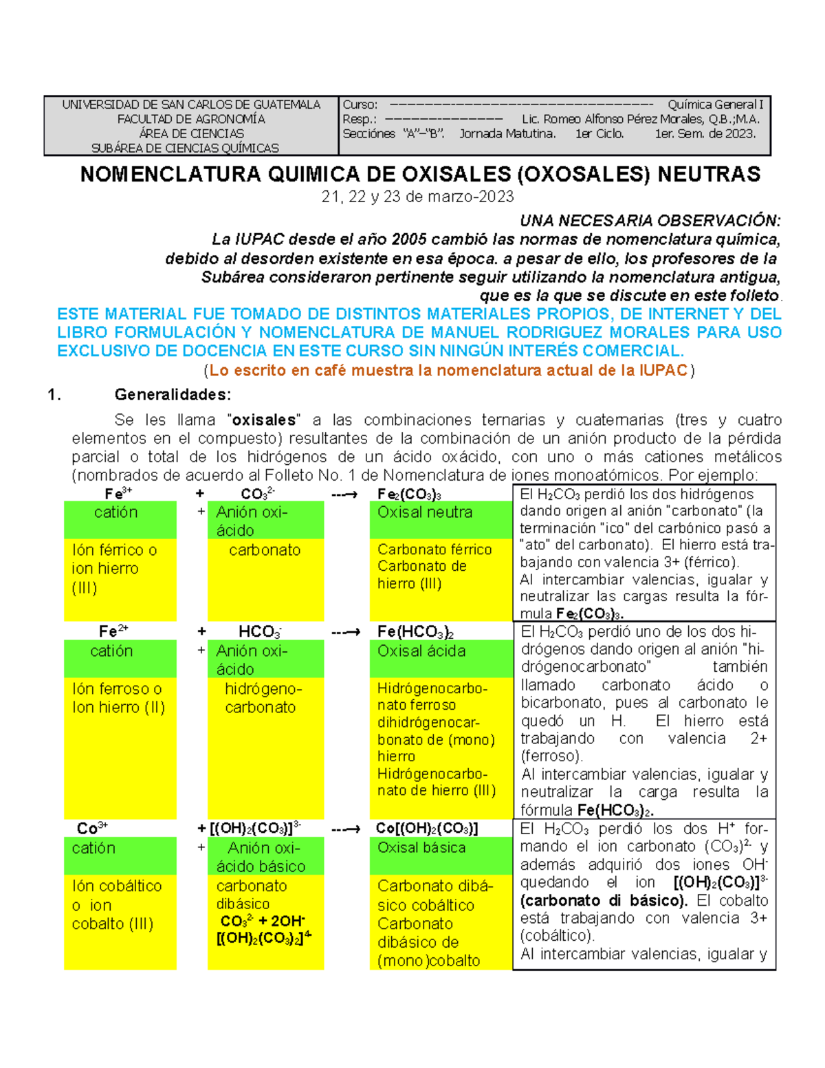 Nomenclatura DE Oxisales Neutras - UNIVERSIDAD DE SAN CARLOS DE GUATEMALA FACULTAD DE AGRONOMÍA ...