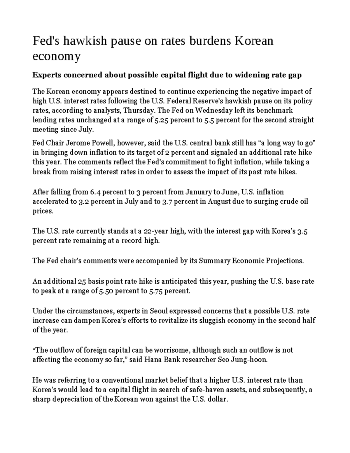 US Rate HIke and Korea - Fed's hawkish pause on rates burdens Korean ...