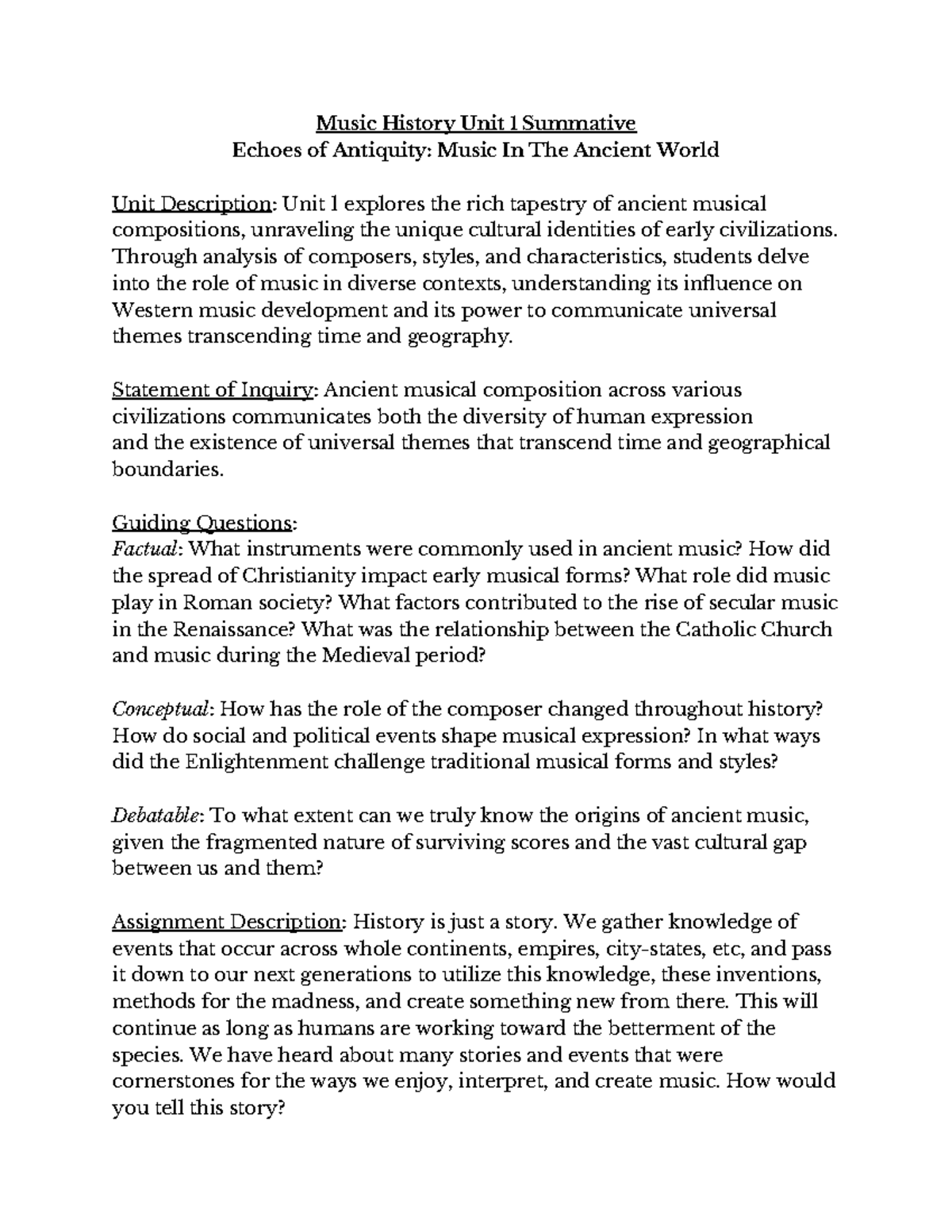 Music History Unit 1 Summative - Music History Unit 1 Summative Echoes ...