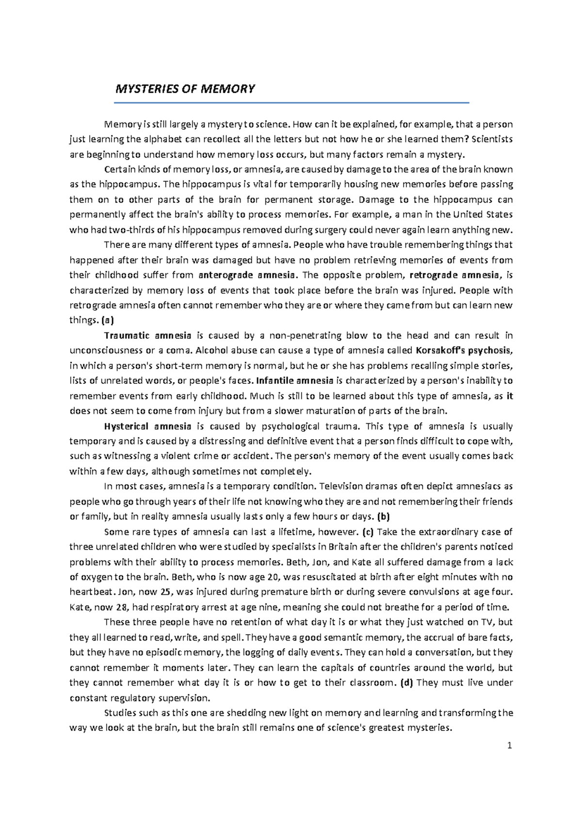 Mysteries of Memory - reading assignment - MYSTERIES OF MEMORY Memory ...