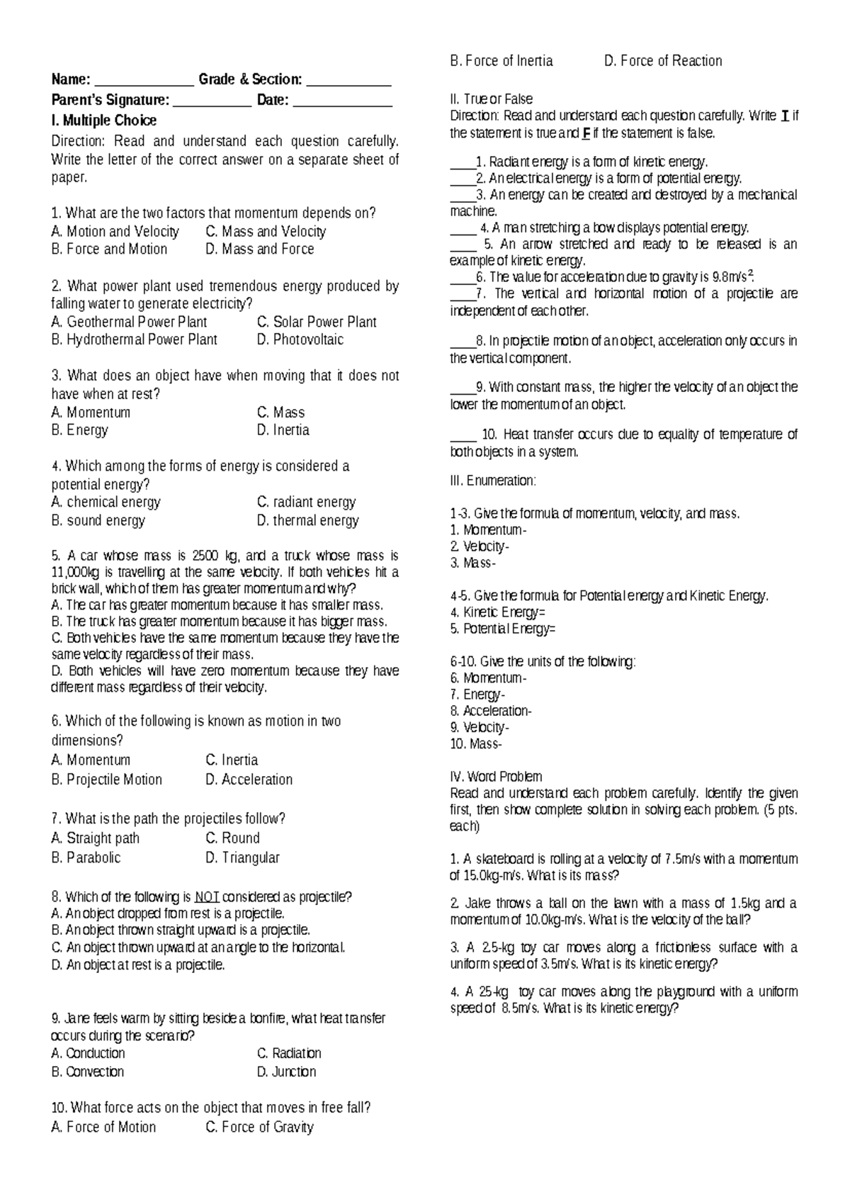 Grade-9 Physics EXAM - Name: ______________ Grade & Section ...