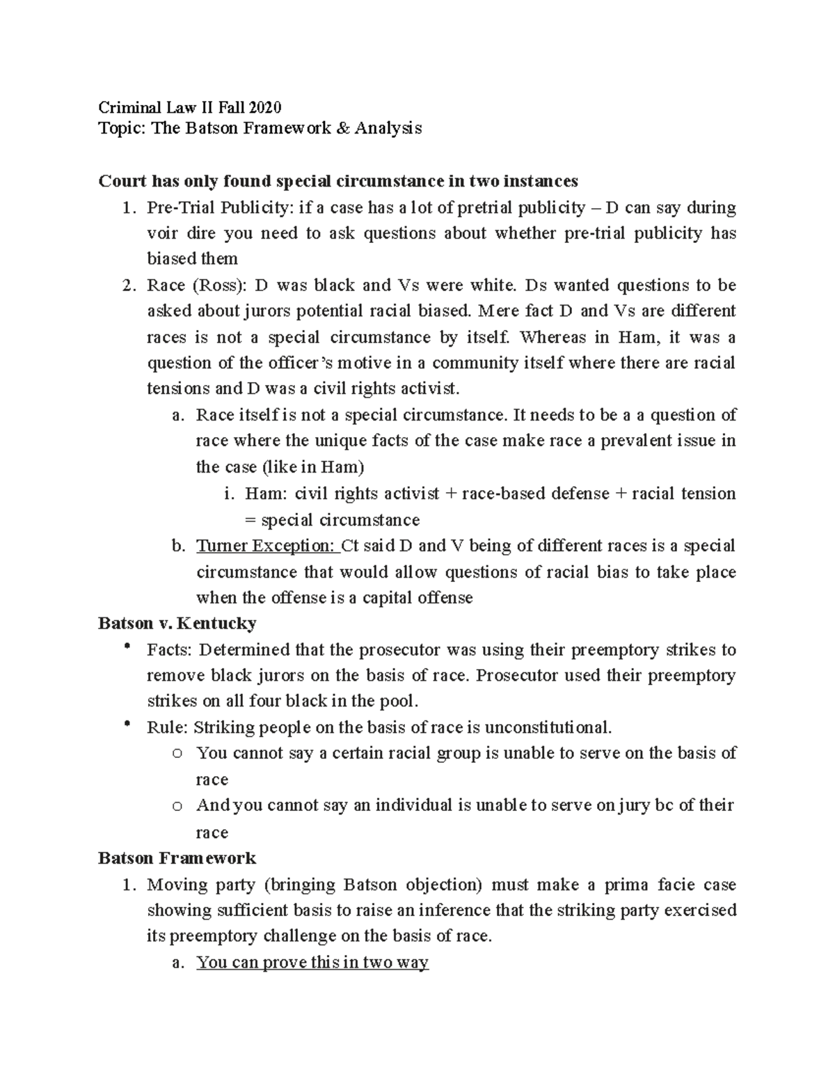 Crim Law II The Batson Framework & Analysis - Criminal Law II Fall 2020 ...