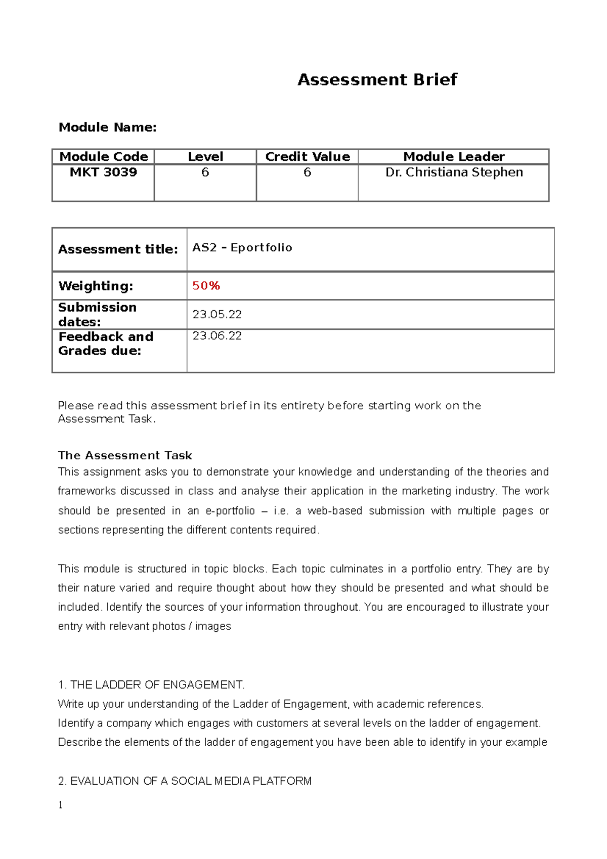 MKT 3039 AS 2 Brief due 23RD May 2022 - Assessment Brief Module Name: Module Code Level Credit ...