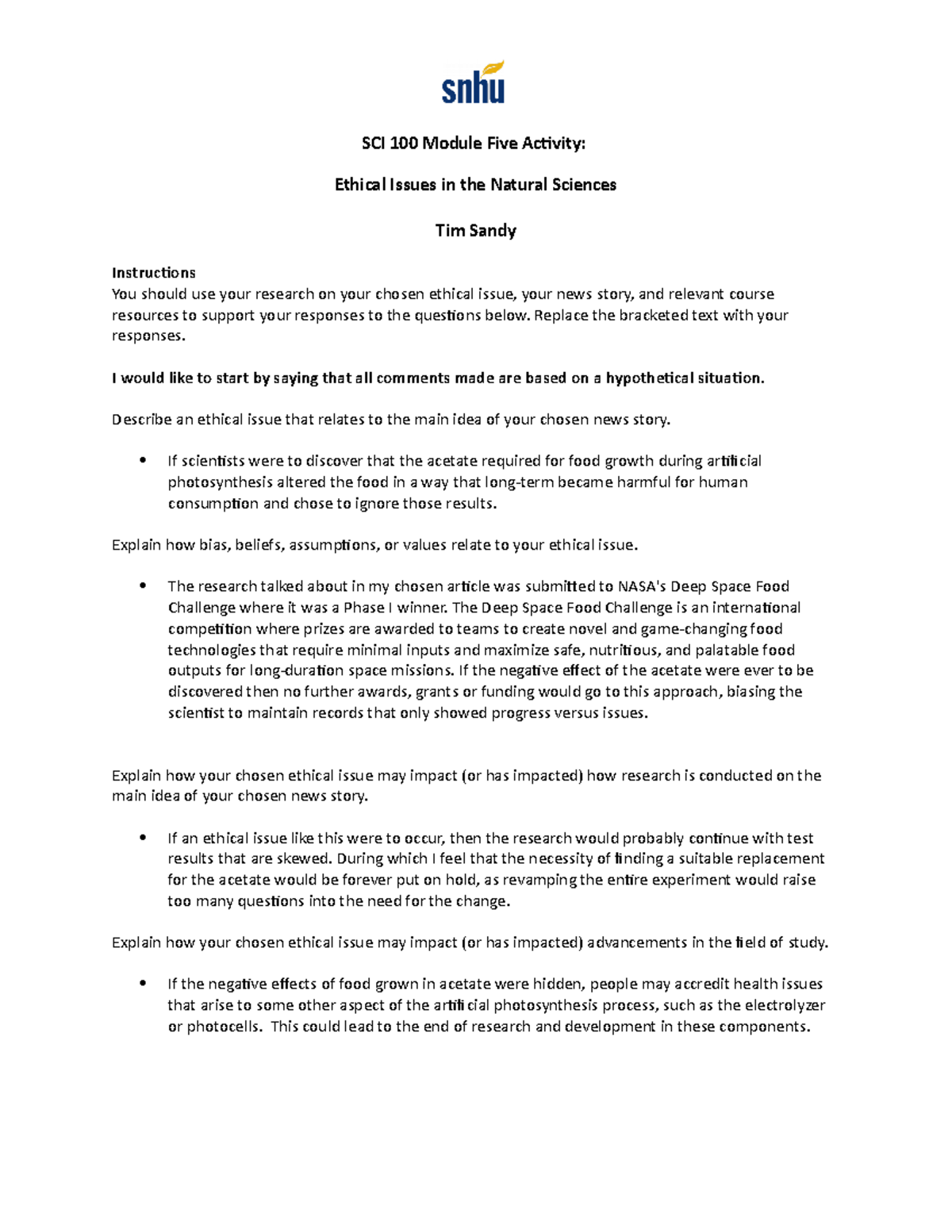 SCI 100 Module Five Activity - SCI 100 Module Five Activity: Ethical ...