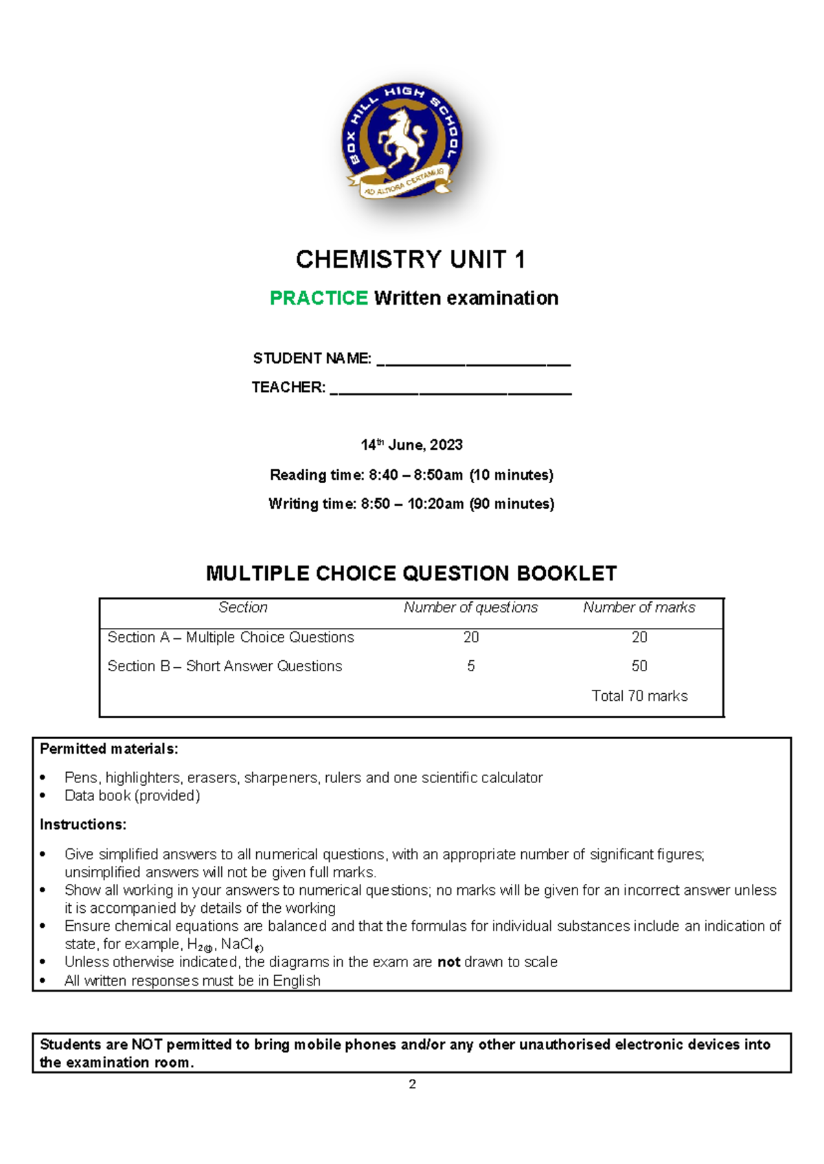 11 23 Chemistry - Unit 1 Practice Exam - CHEMISTRY UNIT 1 PRACTICE ...