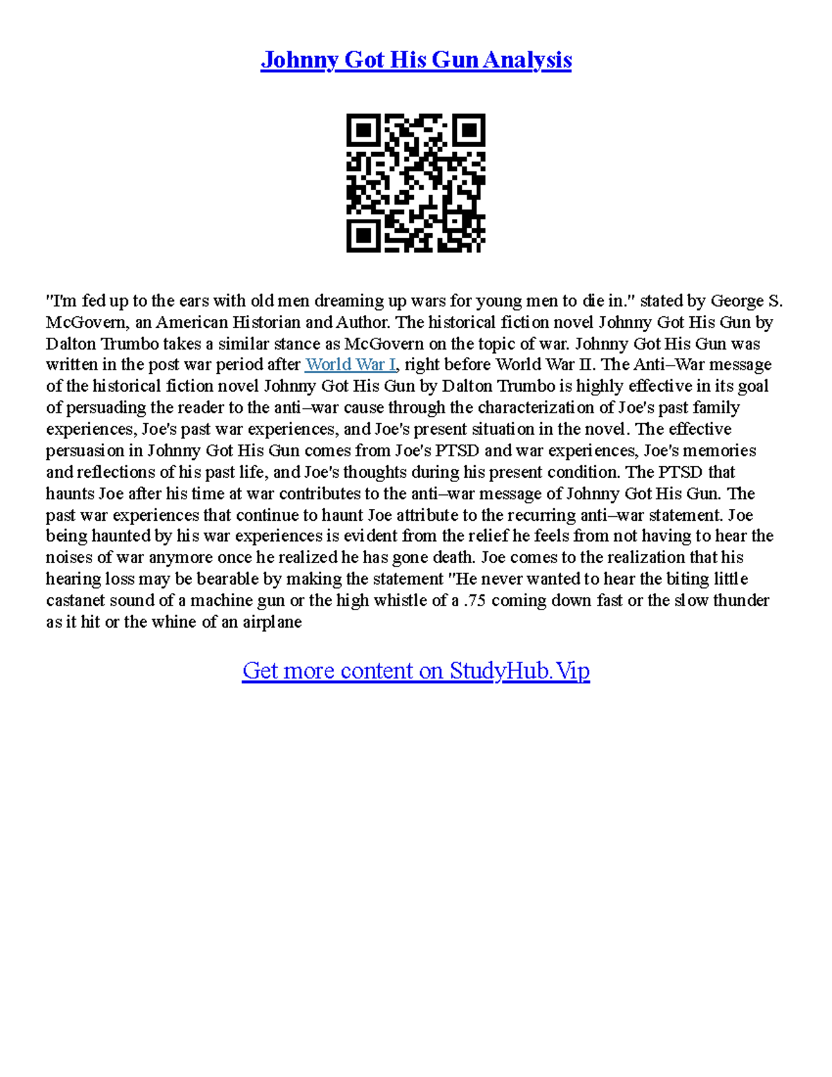 Johnny Got His Gun Essay - Johnny Got His Gun Analysis "I'm fed up to ...