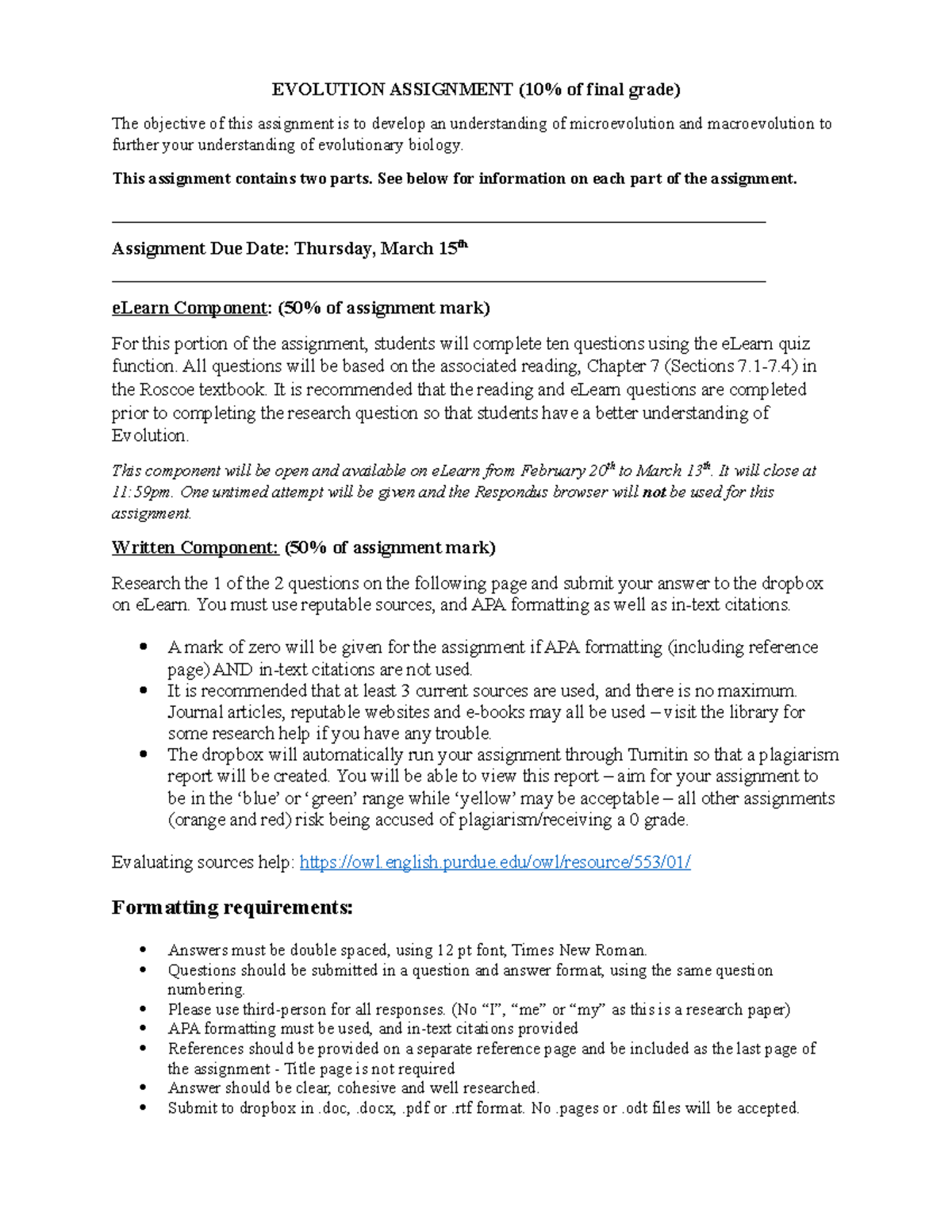 Evolution Assignment - EVOLUTION ASSIGNMENT (10% of final grade) The ...