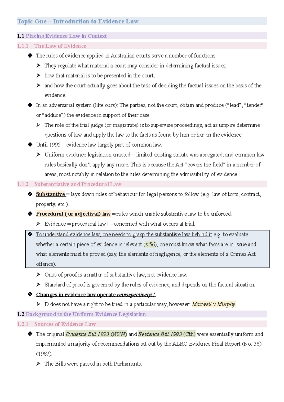 Evidence FINAL EXAM Notes - Topic One – Introduction to Evidence Law 1 ...