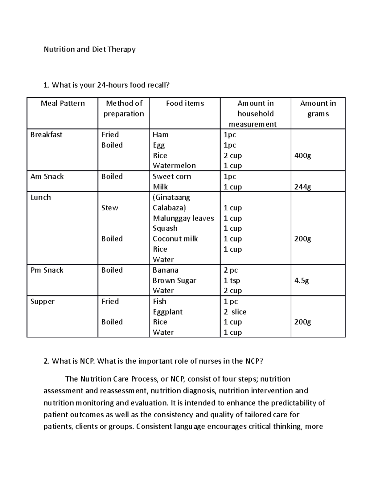 Activity NDT LEC - Nutrition and Diet Therapy What is your 24-hours ...