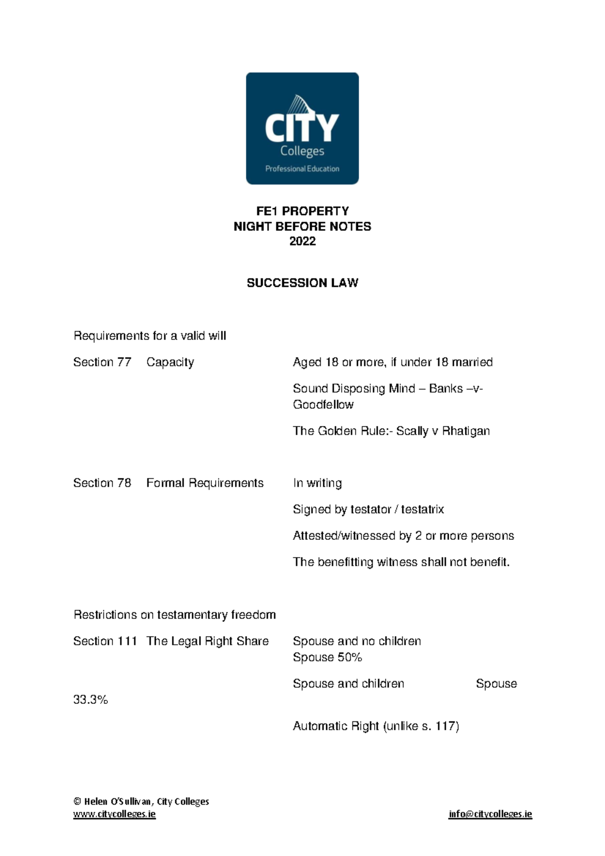 FE1 - Property-law-October-2022 - © Helen O’Sullivan, City Colleges FE1 ...