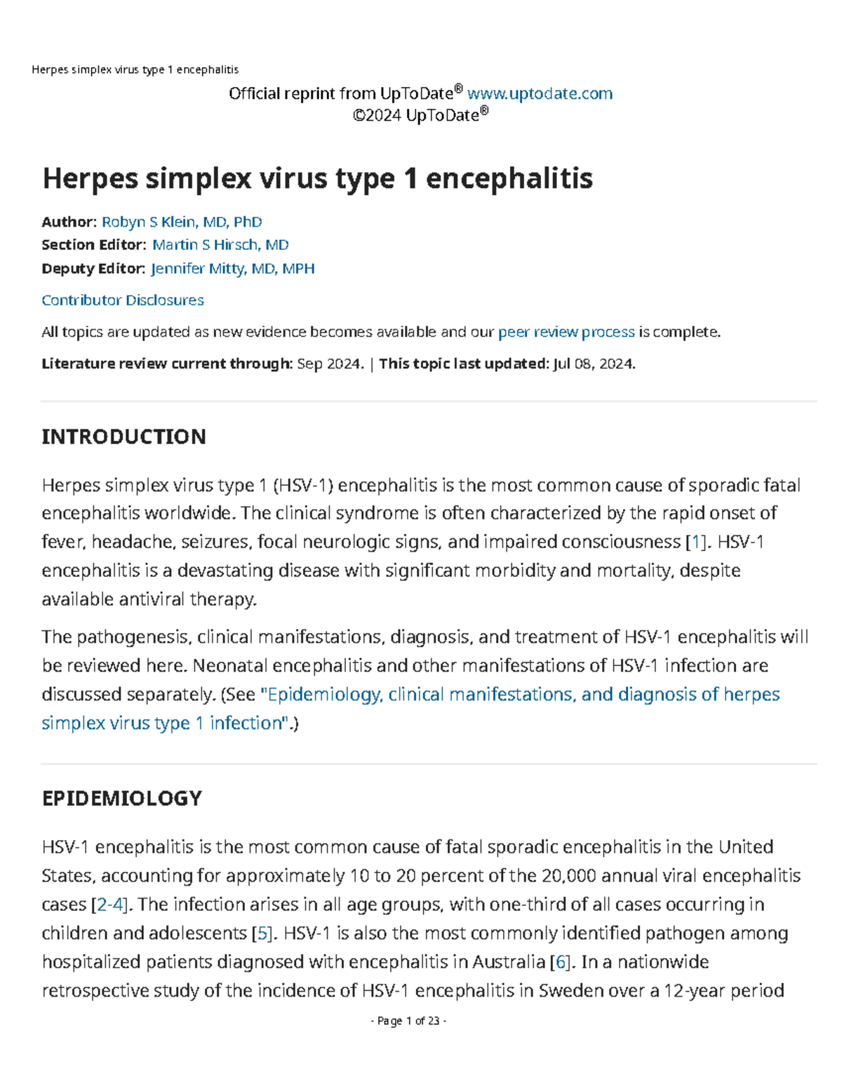 Herpes simplex virus type 1 encephalitis - Official reprint from ...