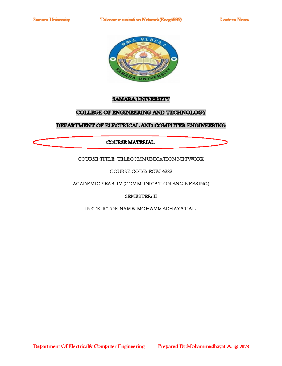 Telecommunication network lecture notes - SAMARA UNIVERSITY COLLEGE OF ...