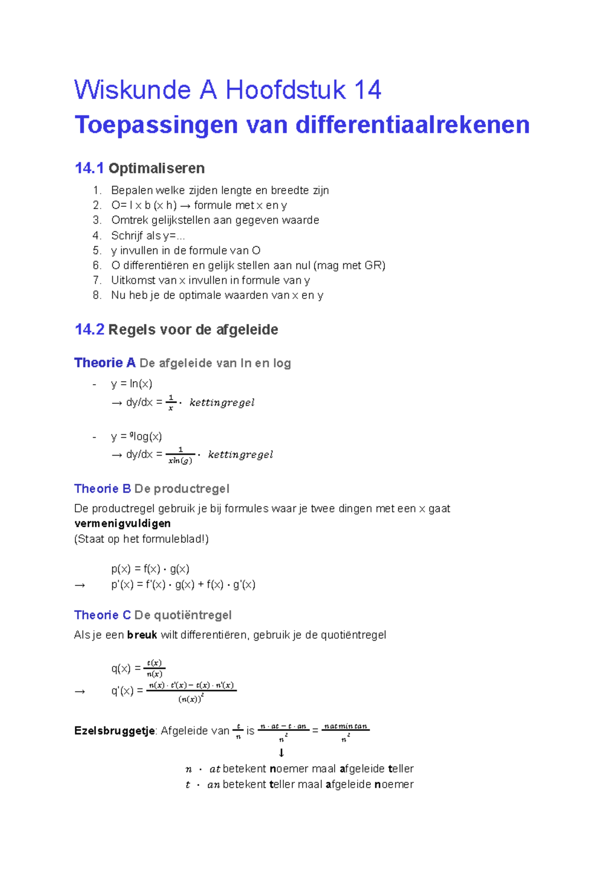 Wiskunde A Hoofdstuk 14 Toepassingen van differentiaalrekenen - Bepalen ...