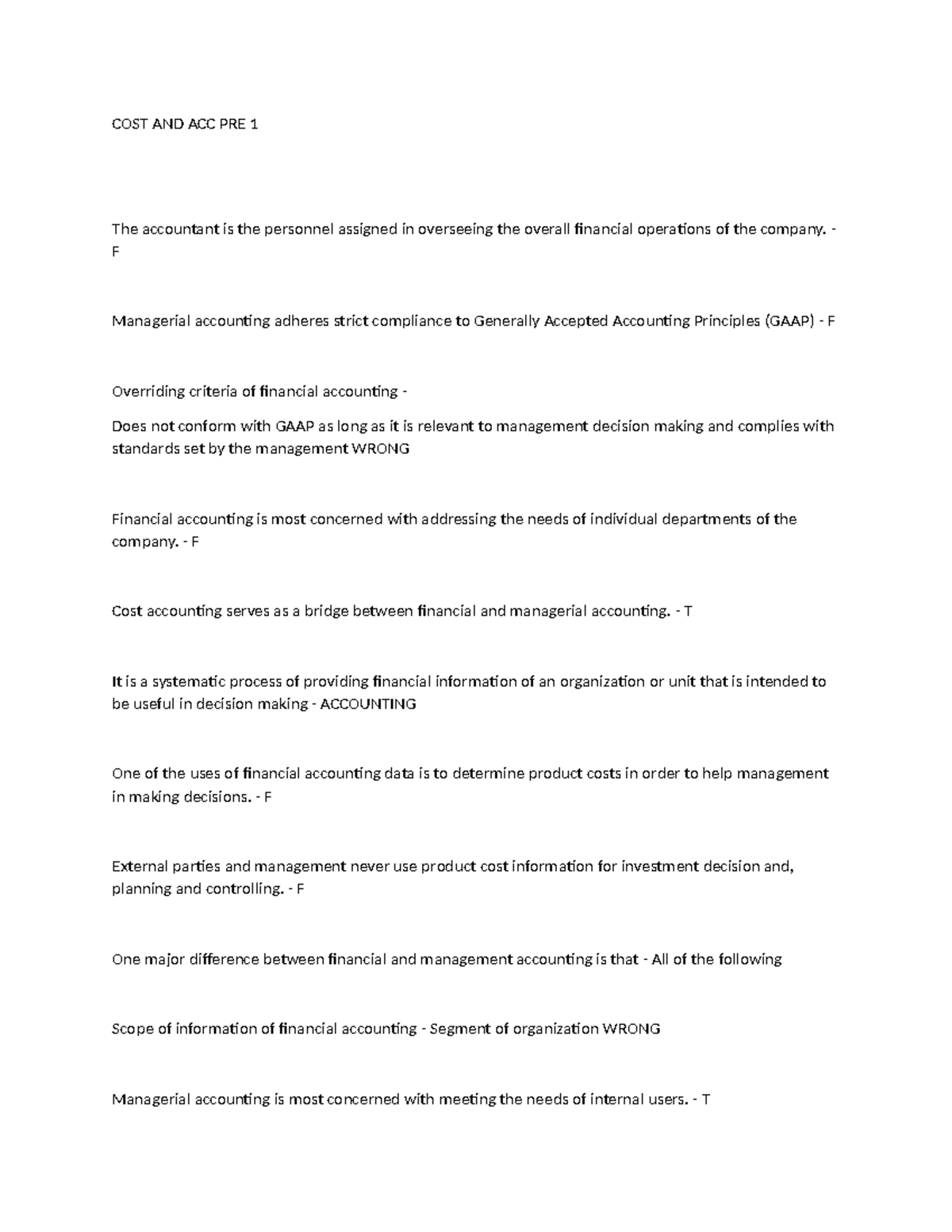 COST AND ACC PRE 1 - FOR LECTURE ONLY - COST AND ACC PRE 1 The ...