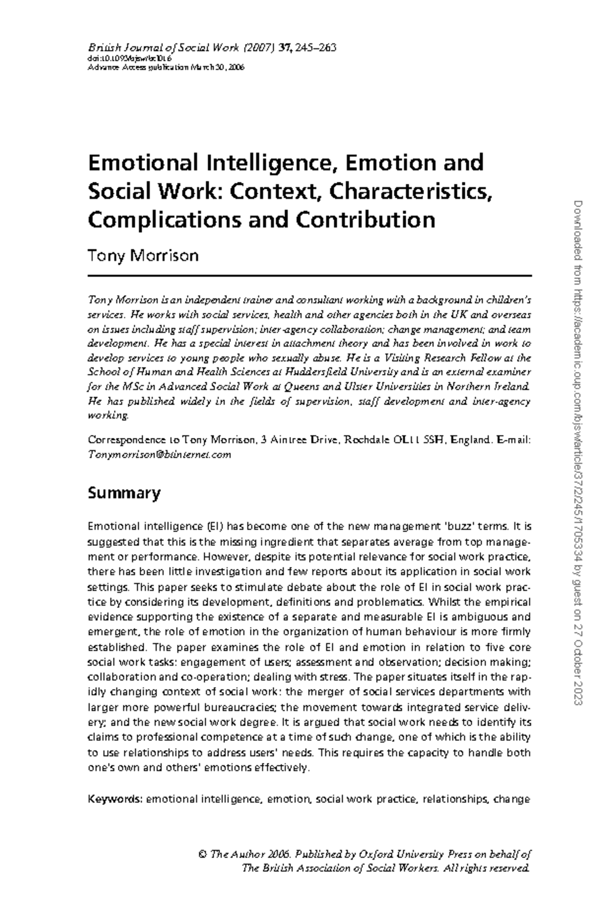 Emotional Intelligence, Emotion and Social Work- Context ...