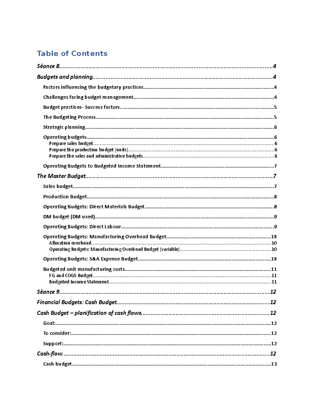 Séance 8-12 - notes - Table of Contents Séance - Studocu