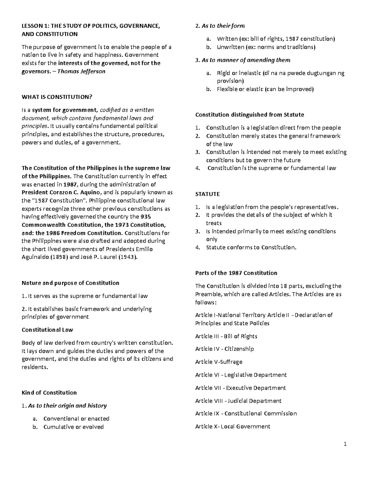 PGCN- Notes - LESSON 1: THE STUDY OF POLITICS, GOVERNANCE, AND ...