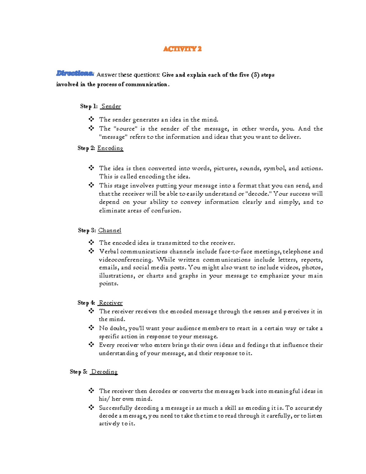 Process of Communication ( Essay) - Activity 2 - Answer these questions ...