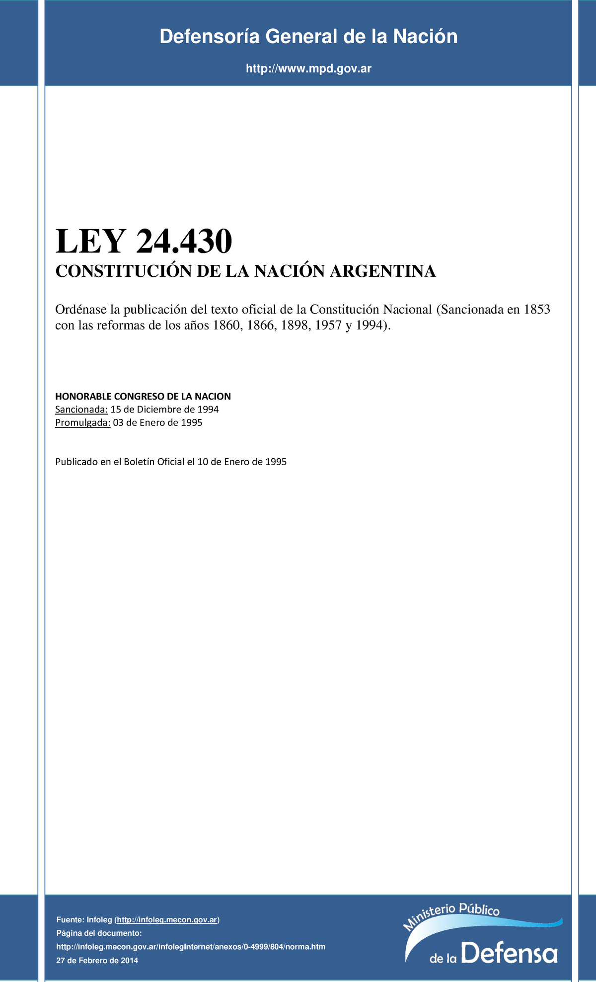 Constitucion DE LA Nacion Argentina - LEY 24. CONSTITUCIÓN DE LA NACIÓN ...