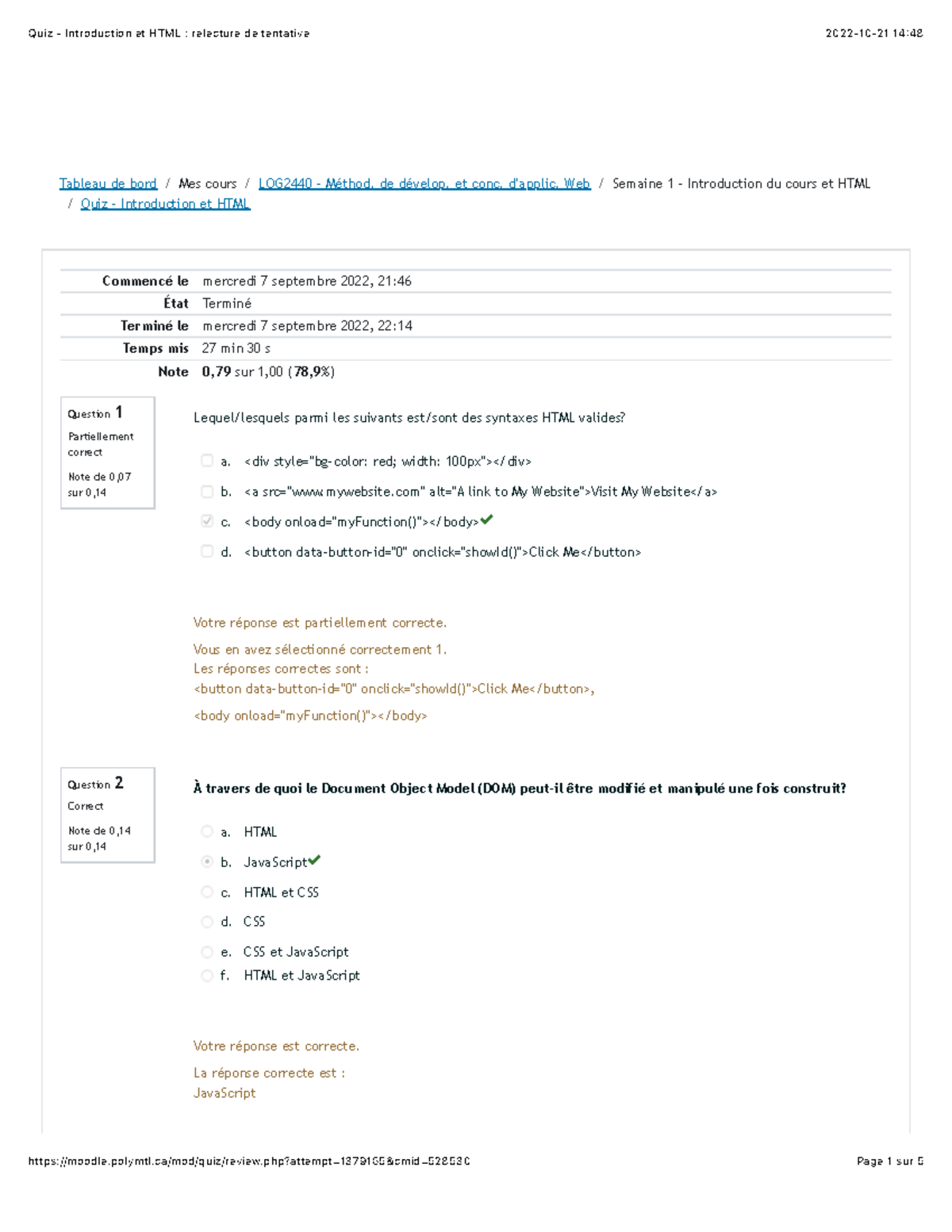Quiz - Introduction et HTML : relecture de tentative - Tableau de bord / Mes cours / LOG2440 ...