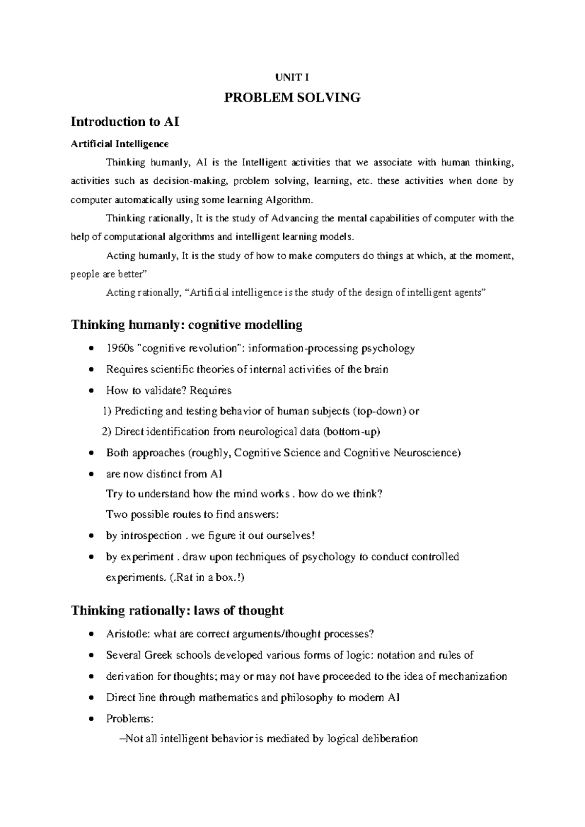CS3491 AIML UNIT I to 5 Notes - UNIT I PROBLEM SOLVING Introduction to ...