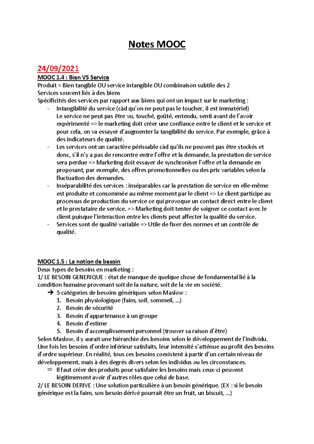 Notes Marketing - Notes MOOC MOOC 1 : Bien VS Service Produit Bien ...