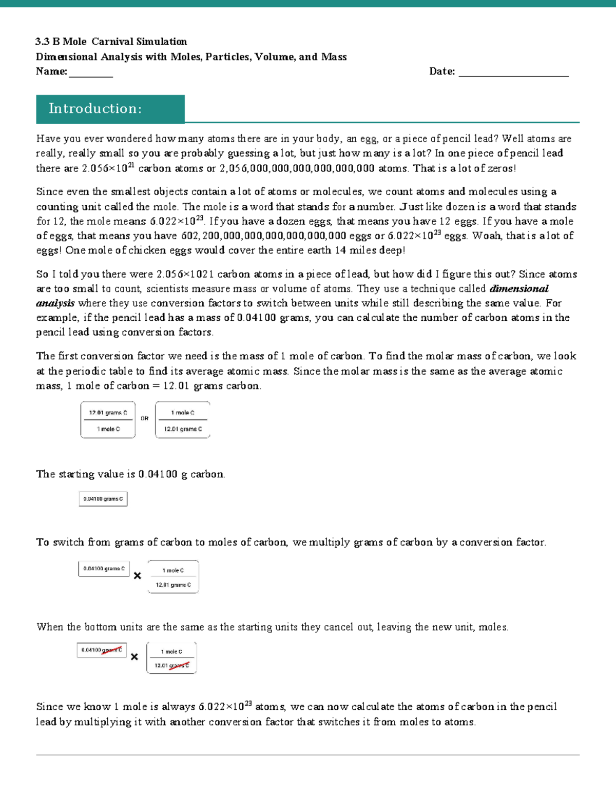 3.3B Mole Carnival Simulation 1 - 3 B Mole Carnival Simulation Dimensional Analysis with Moles ...