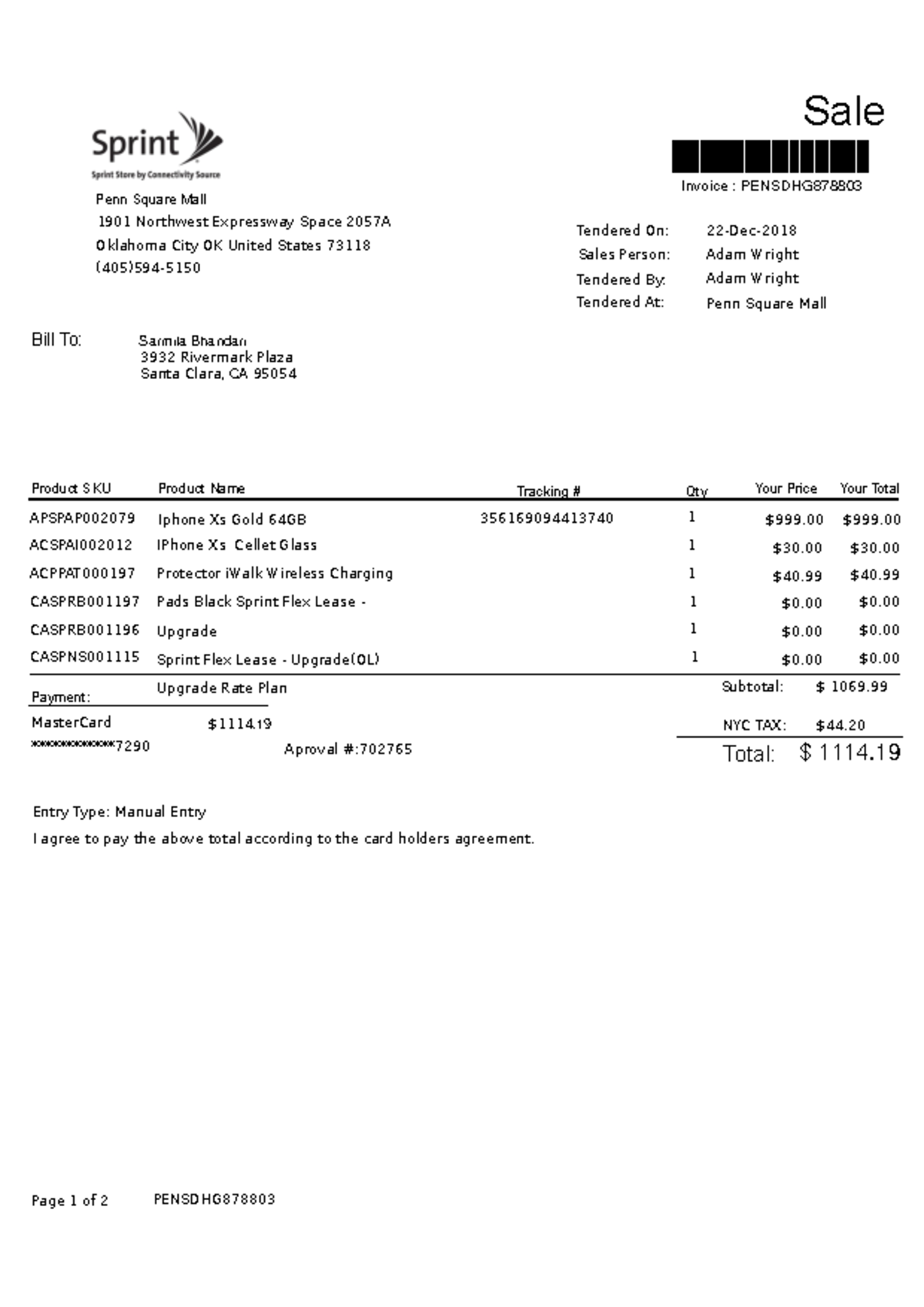 Sprint - INVOICE - Sale Penn Square Mall 1901 Northwest Expressway ...