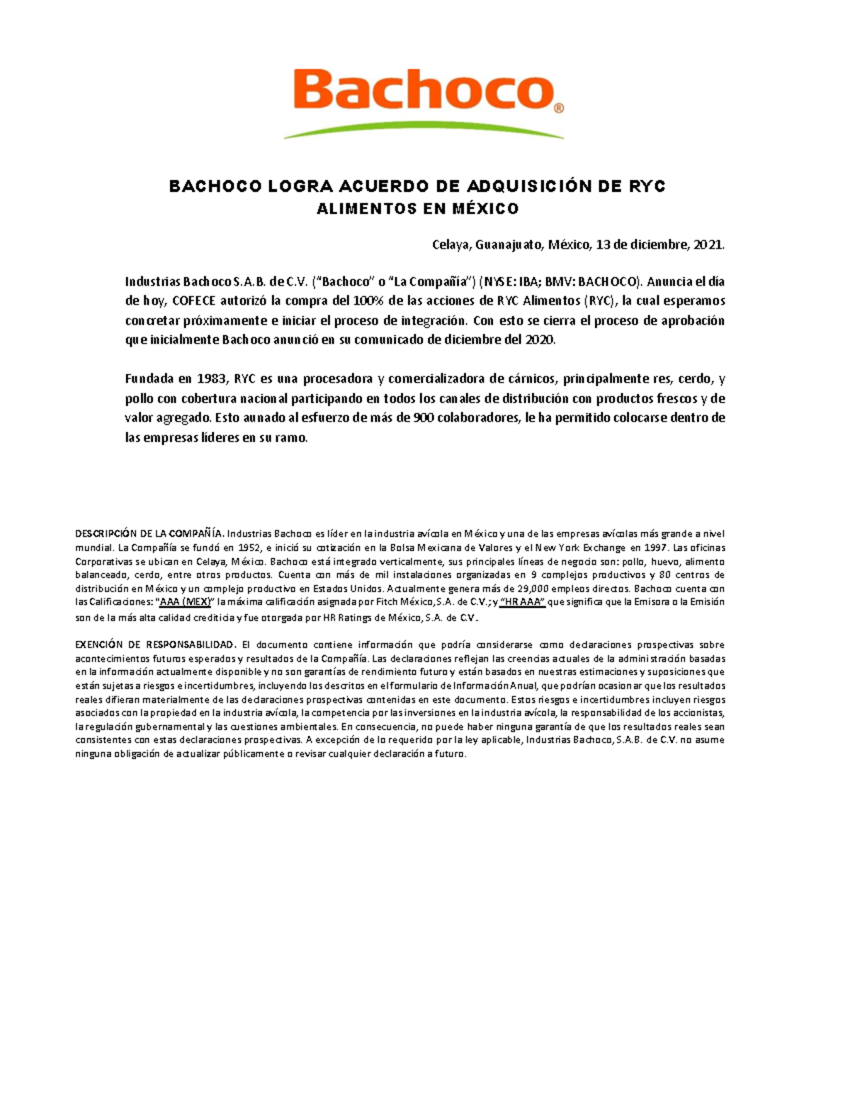 Bachoco RYC 2021 Esp - BACHOCO LOGRA ACUERDO DE ADQUISICI”N DE RYC ...