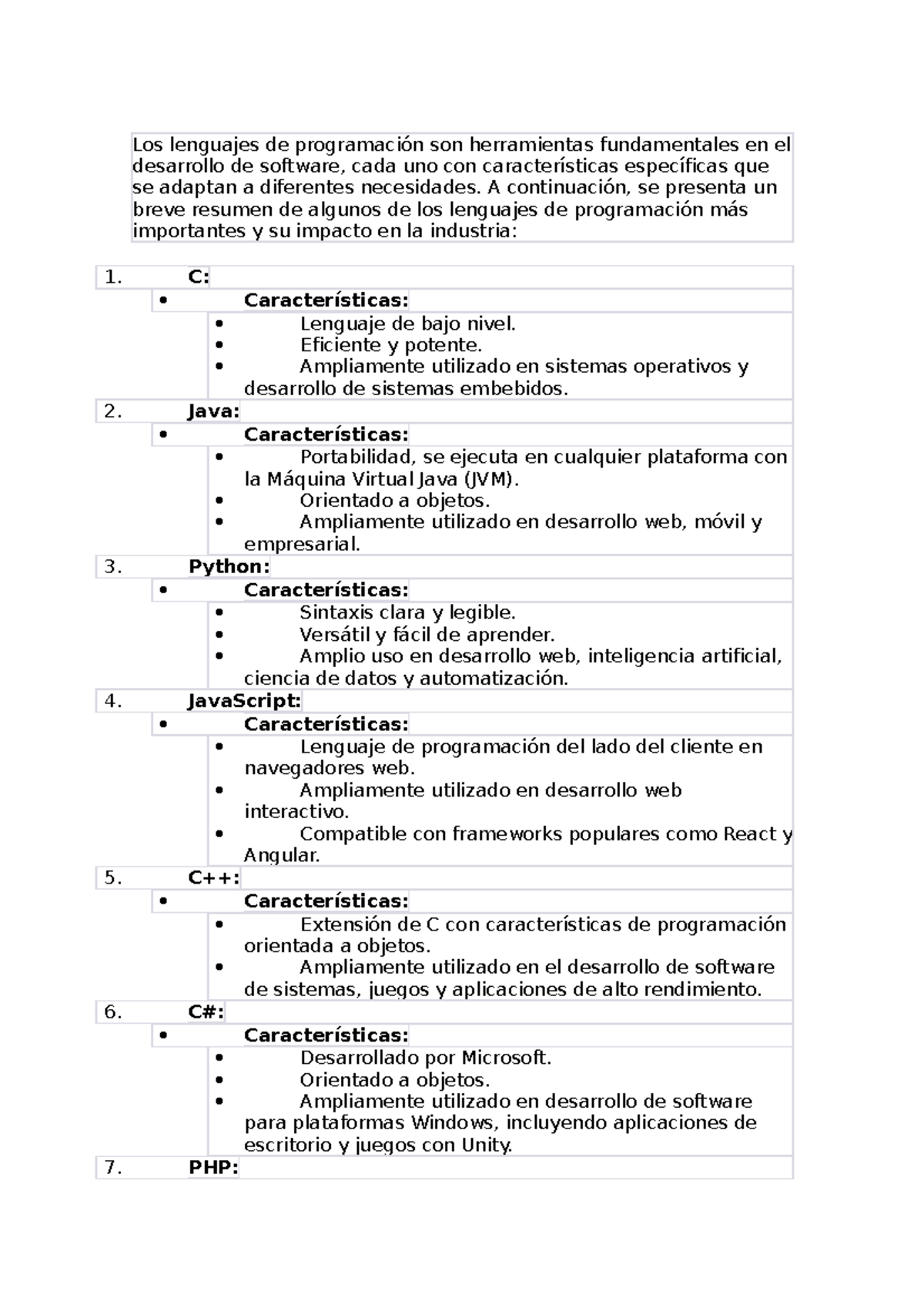 Los lenguaje de programacion - A continuación, se presenta un breve resumen de algunos de los ...
