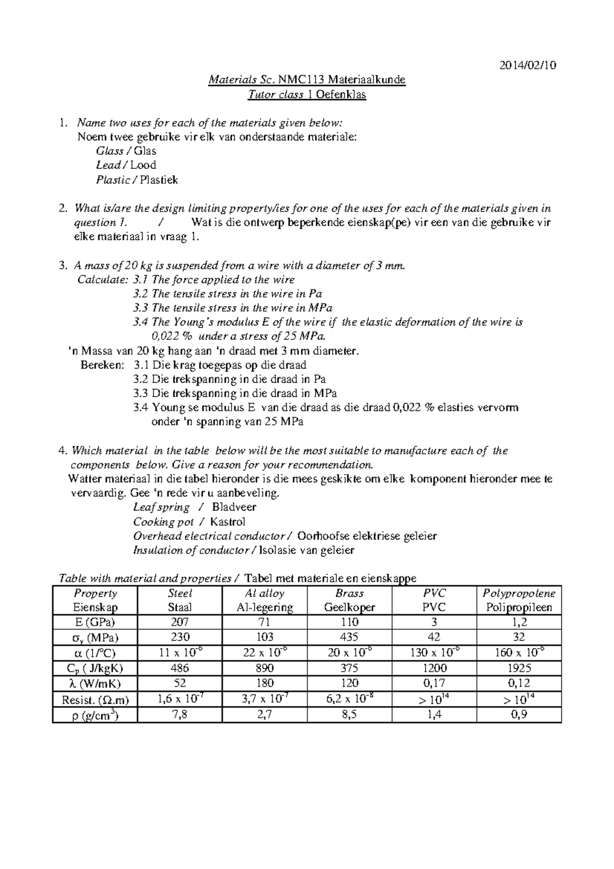Tut1 2014 - Tut - 2014/02/ Materials Sc. NMC113 Materiaalkunde Tutor class 1 Oefenklas Name two ...