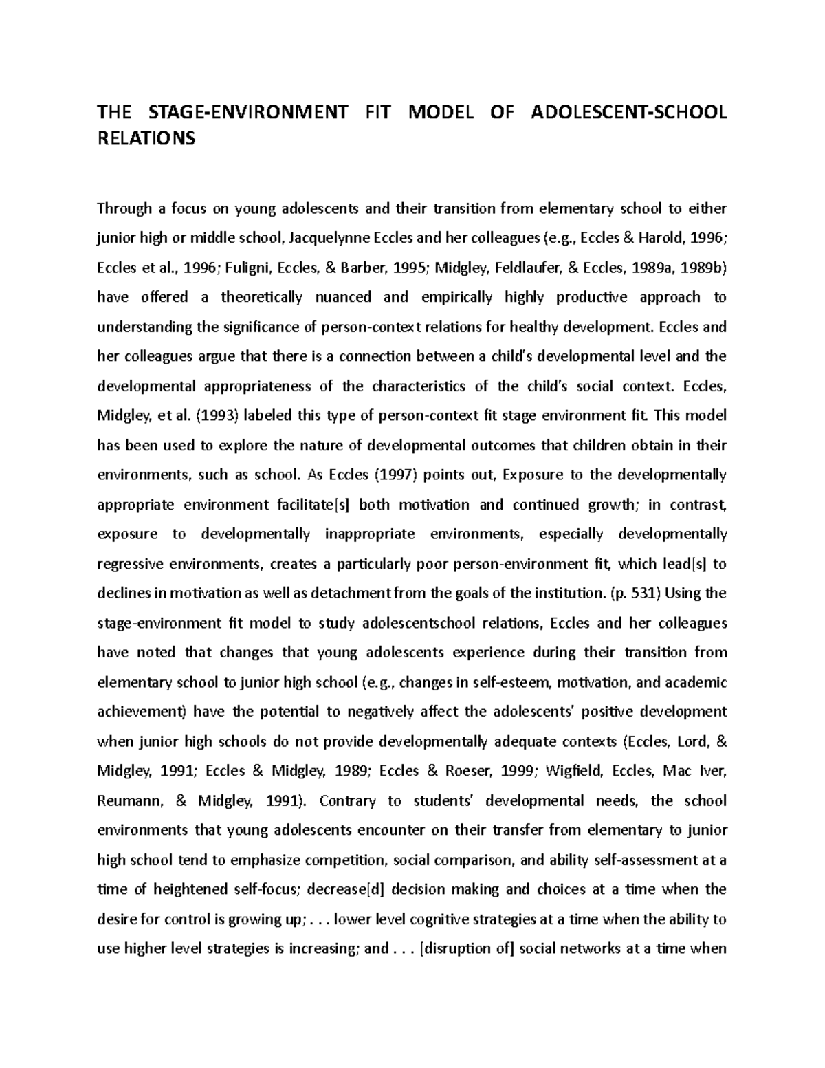 THE Stage- Environment FIT Model OF Adolescent- School Relations - THE ...