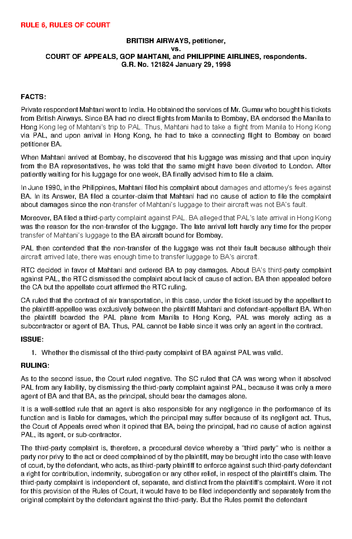 British Airways VS. CA, G.R. No. 121824 January 29, 1998 - RULE 6 ...