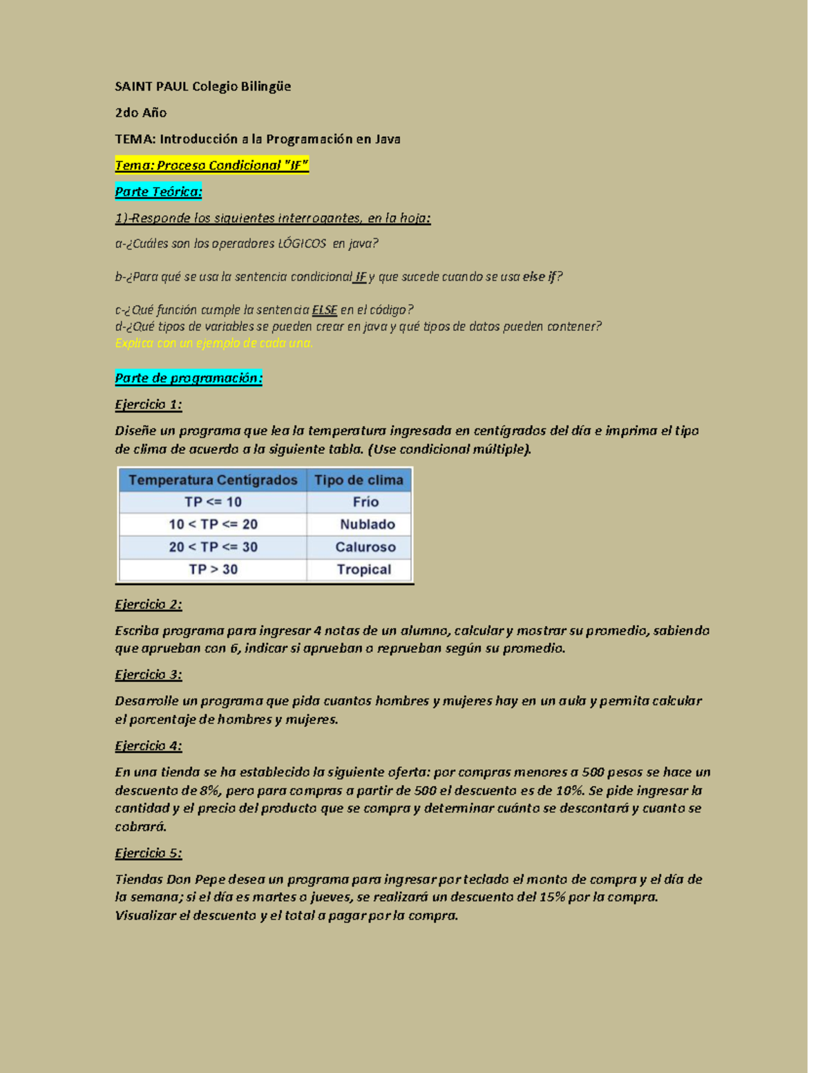 Ejercicios java if - java - SAINT PAUL Colegio Bilingüe 2do Año TEMA ...
